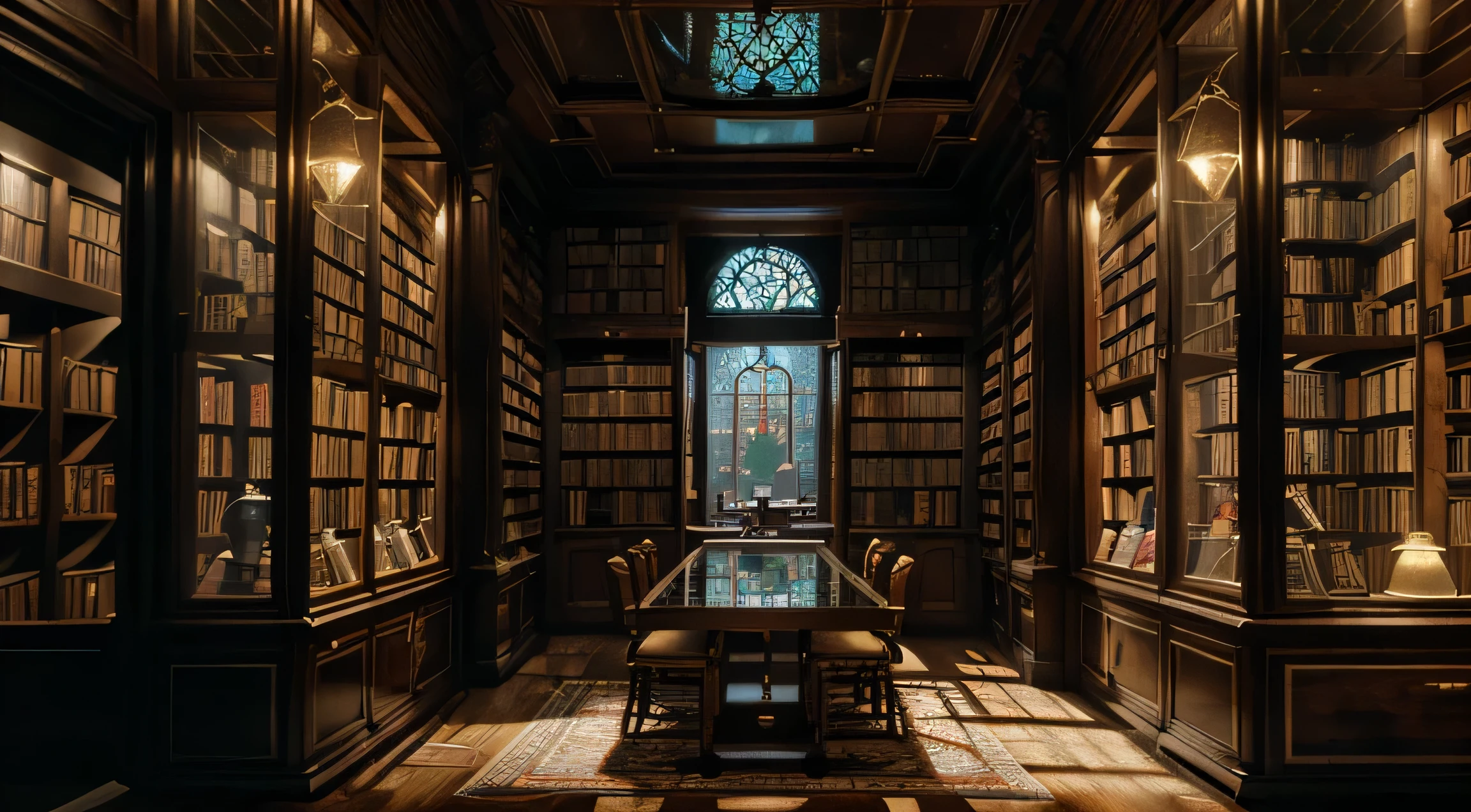A dimly lit library with a long table and a large window - SeaArt AI