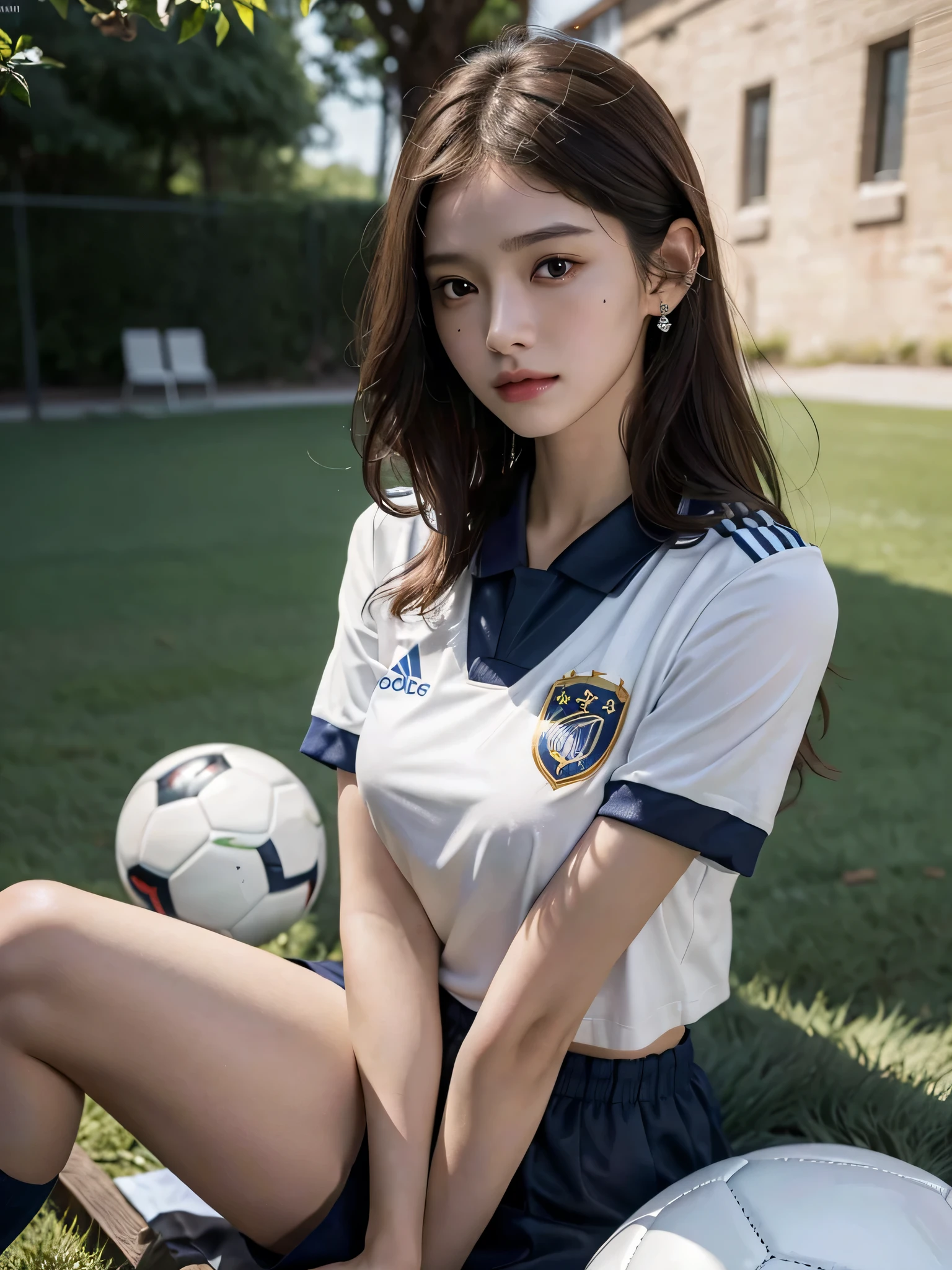 A woman sitting on a soccer ball in a field with a soccer ball - SeaArt AI