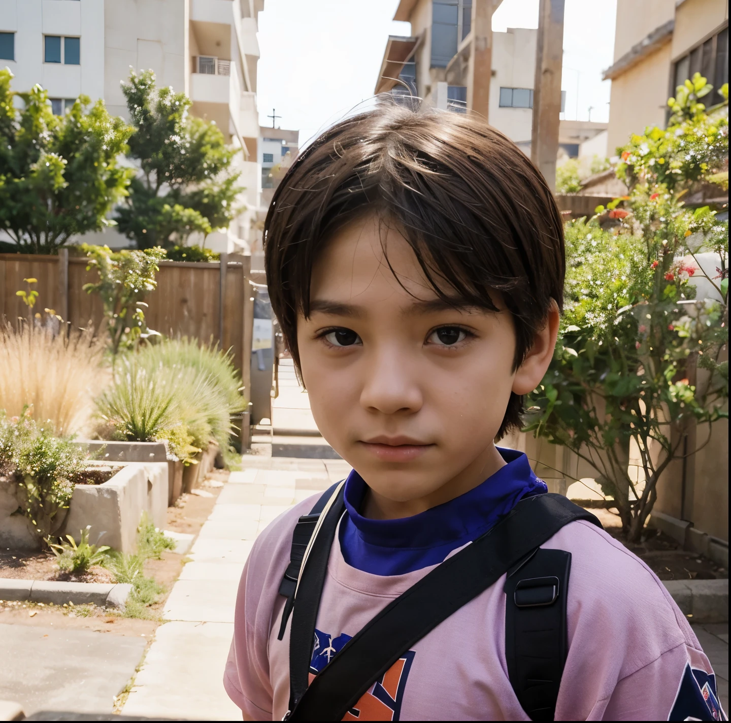 There is a young boy with a backpack on a sidewalk - SeaArt AI