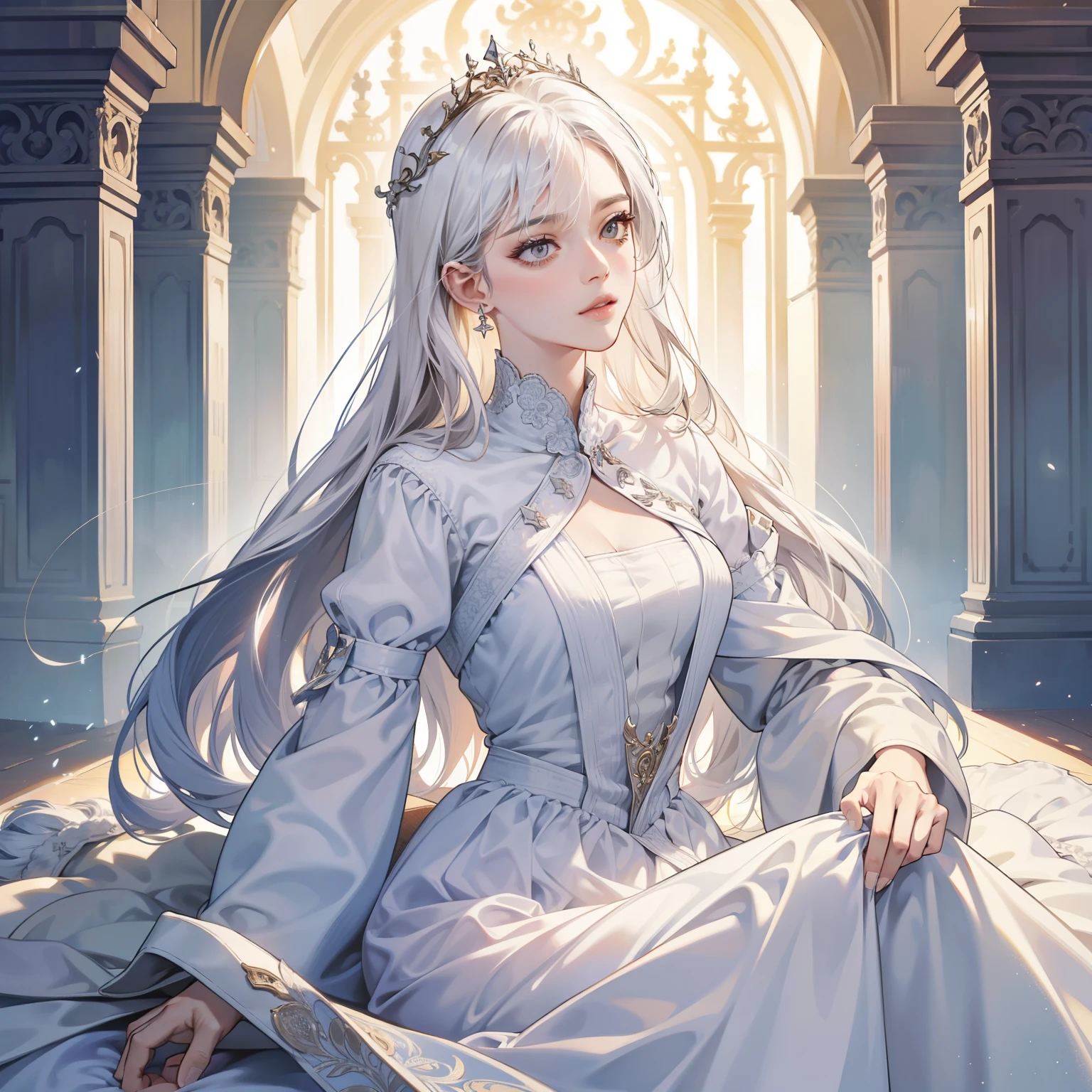 Anime girl in a white dress sitting on a floor - SeaArt AI