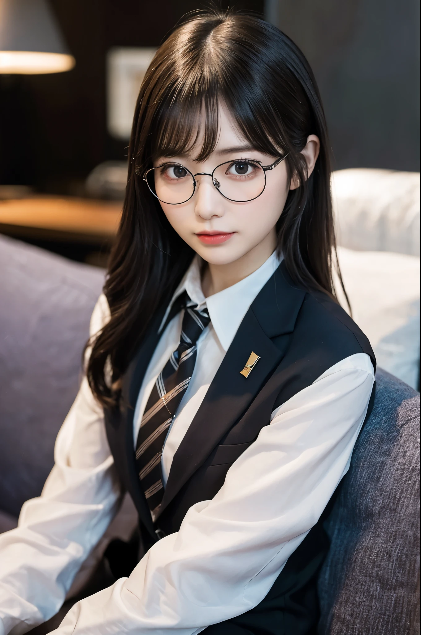 A close up of a woman wearing glasses and a suit - SeaArt AI