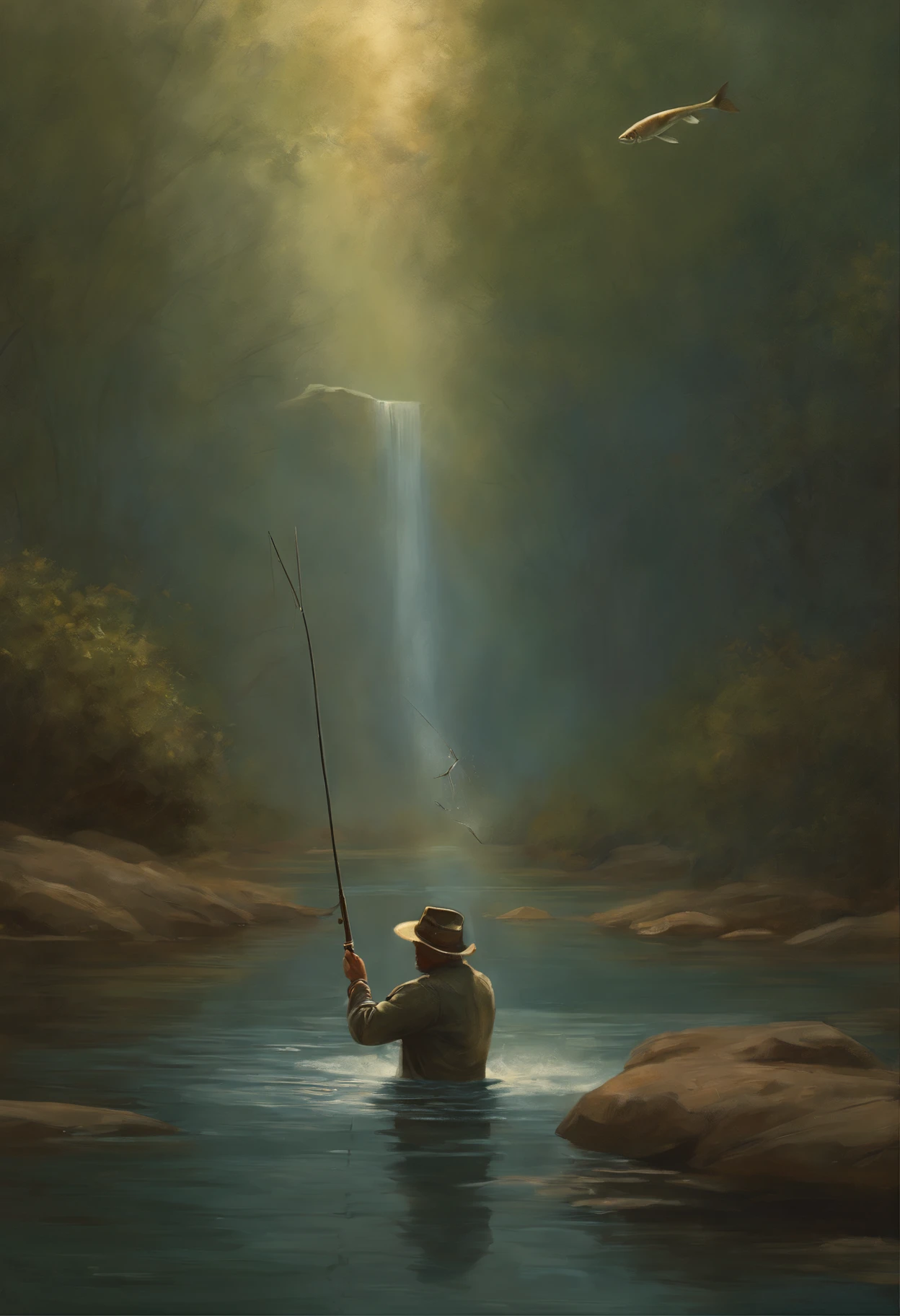 Painting of a man fishing in a river with a waterfall in the background ...