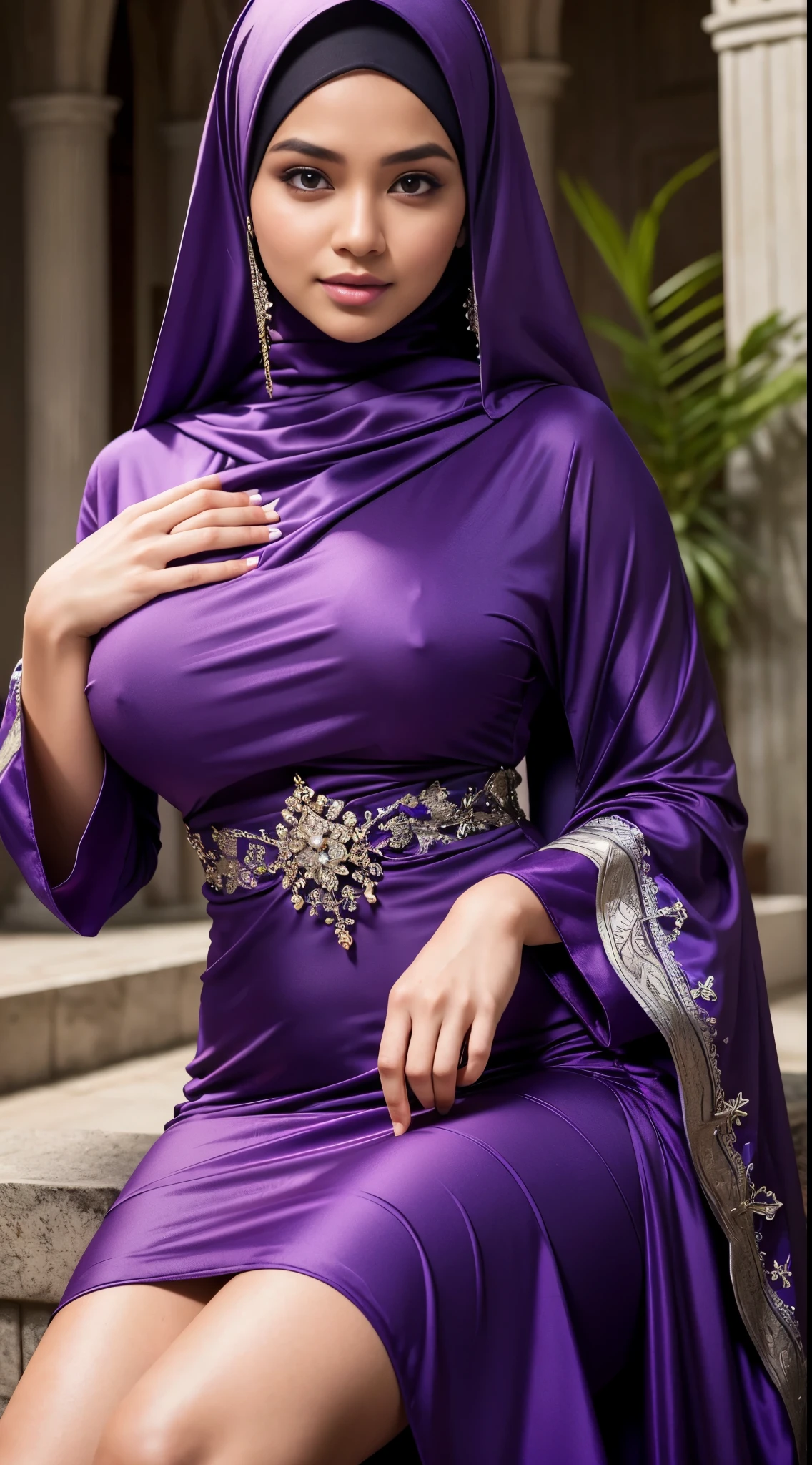 A woman in a purple dress sitting on a step with her hands on her chest ...