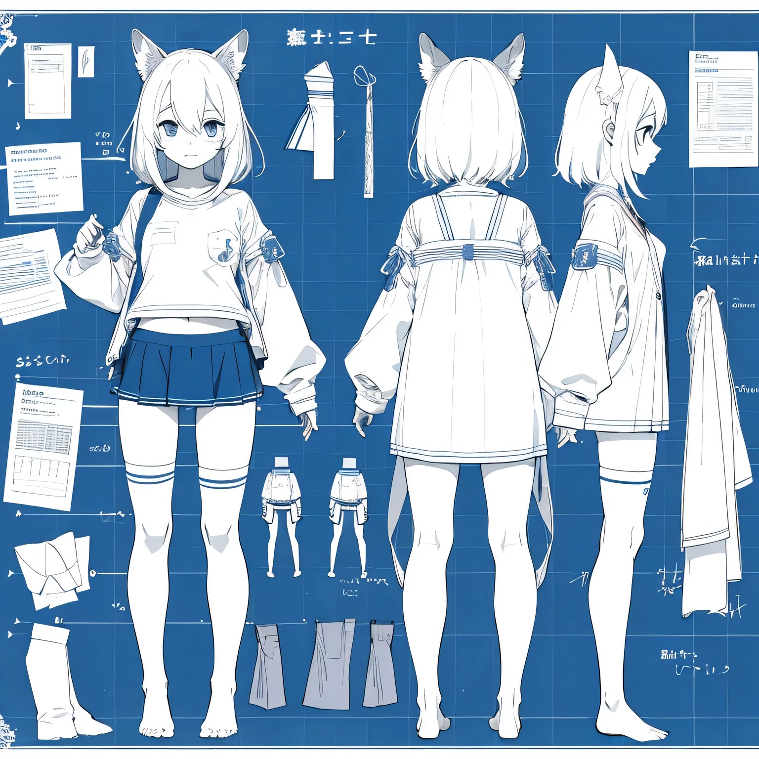 Anime character design sheet of a girl with a cat ears and a skirt ...