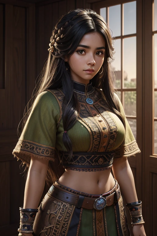 (Pixar style) A waist-high portrait of a Mexican girl with long hair ...