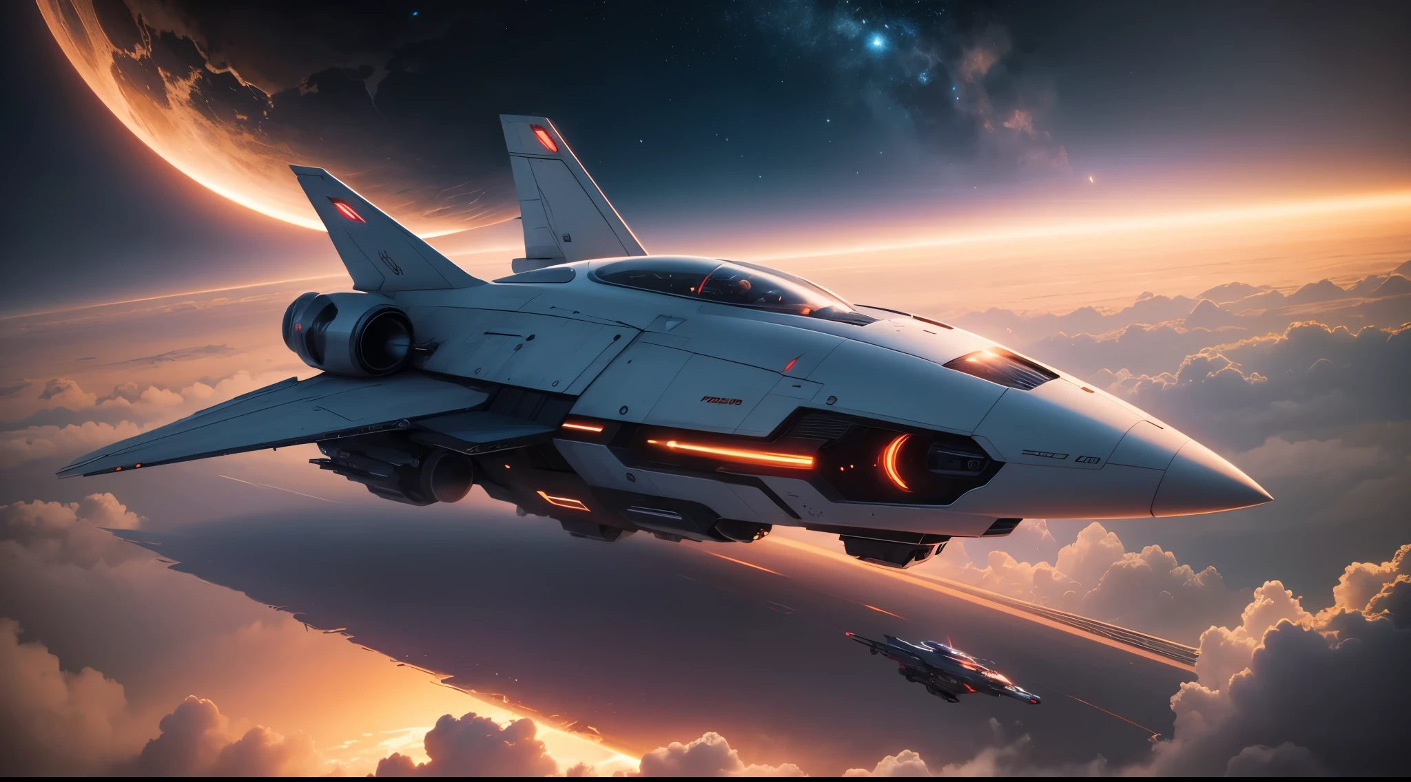 Spaceship flying in the sky with a planet in the background - SeaArt AI