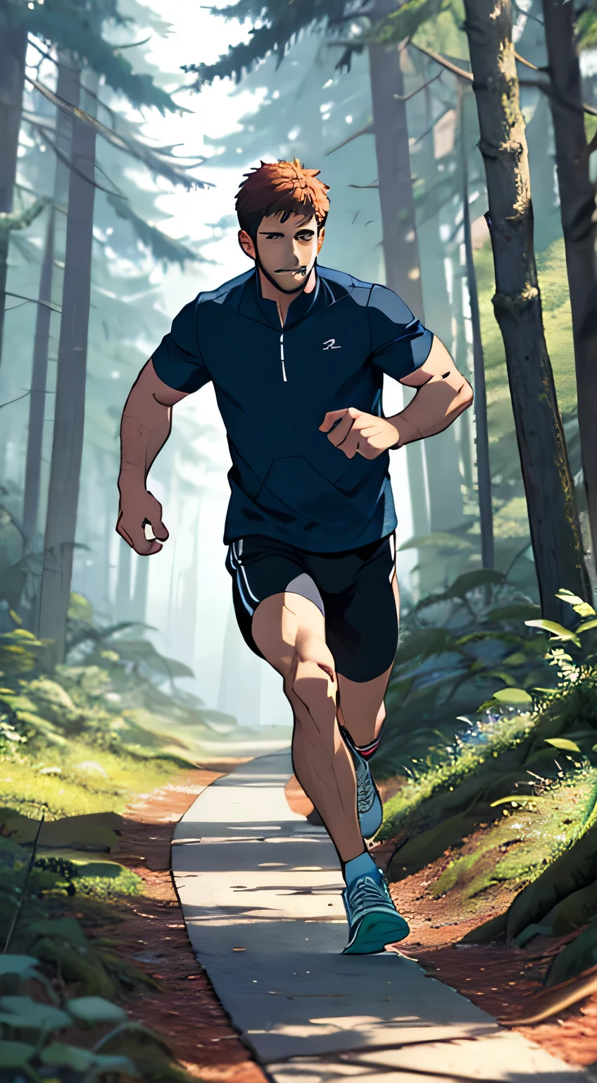Arafed man running on a path in the woods - SeaArt AI