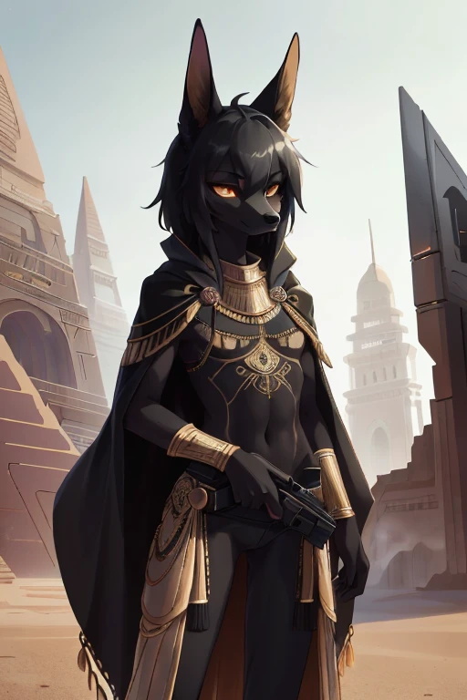 Girl, small, fluffy black fur, jackal, anthro, slender, Egyptian attire ...