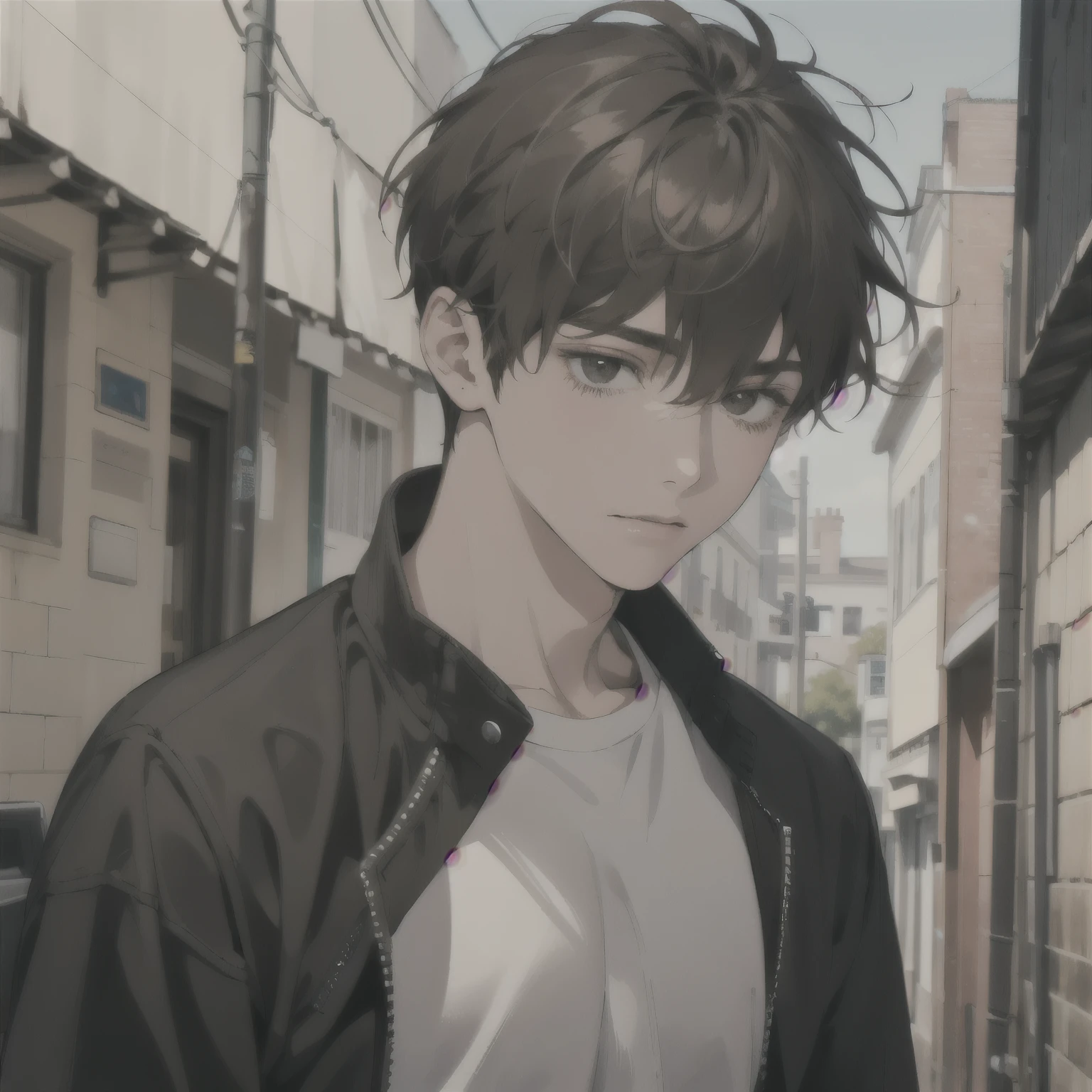 Anime guy in a black jacket standing in a narrow alley - SeaArt AI