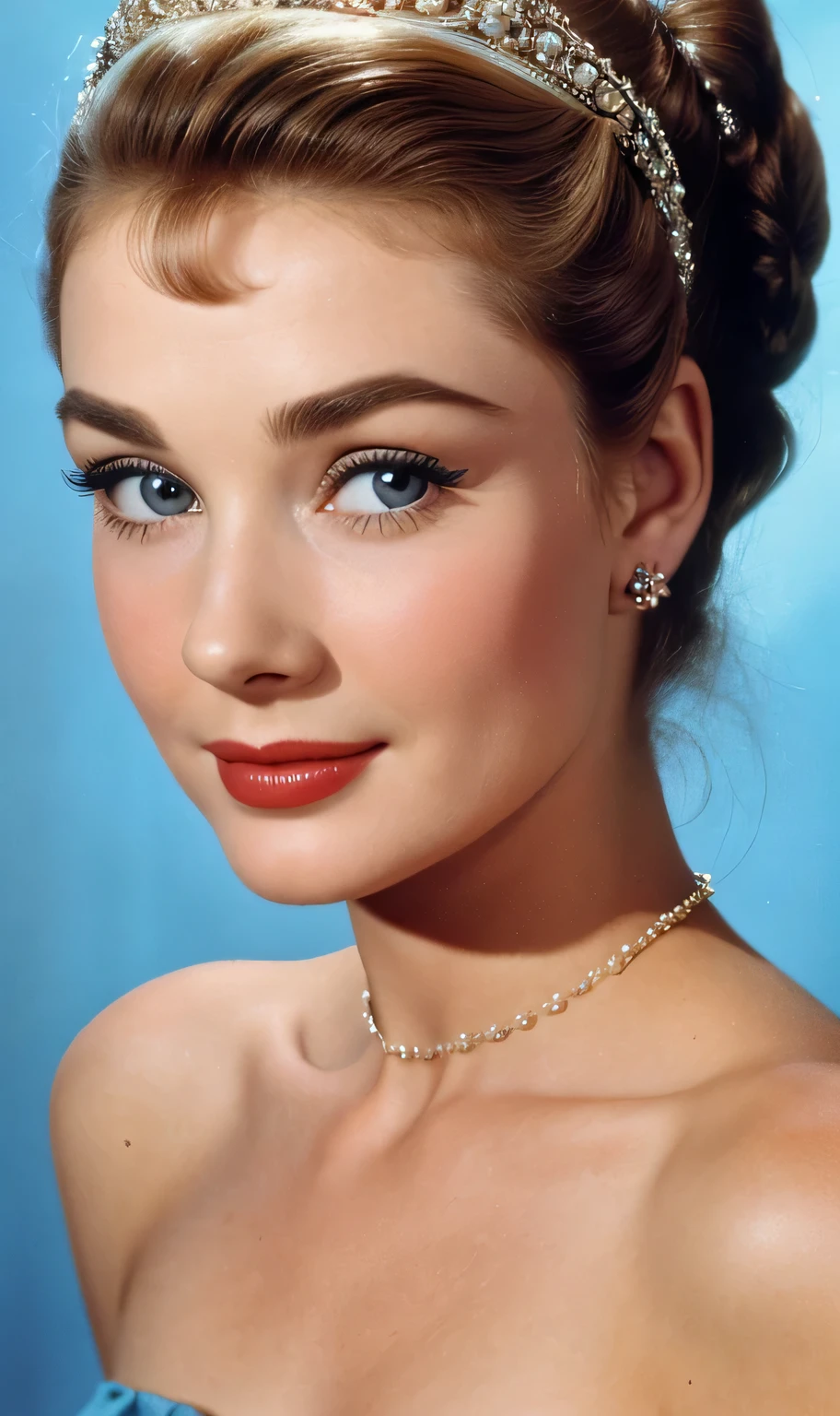 A woman wearing a tiable and a blue dress posing for a picture - SeaArt AI