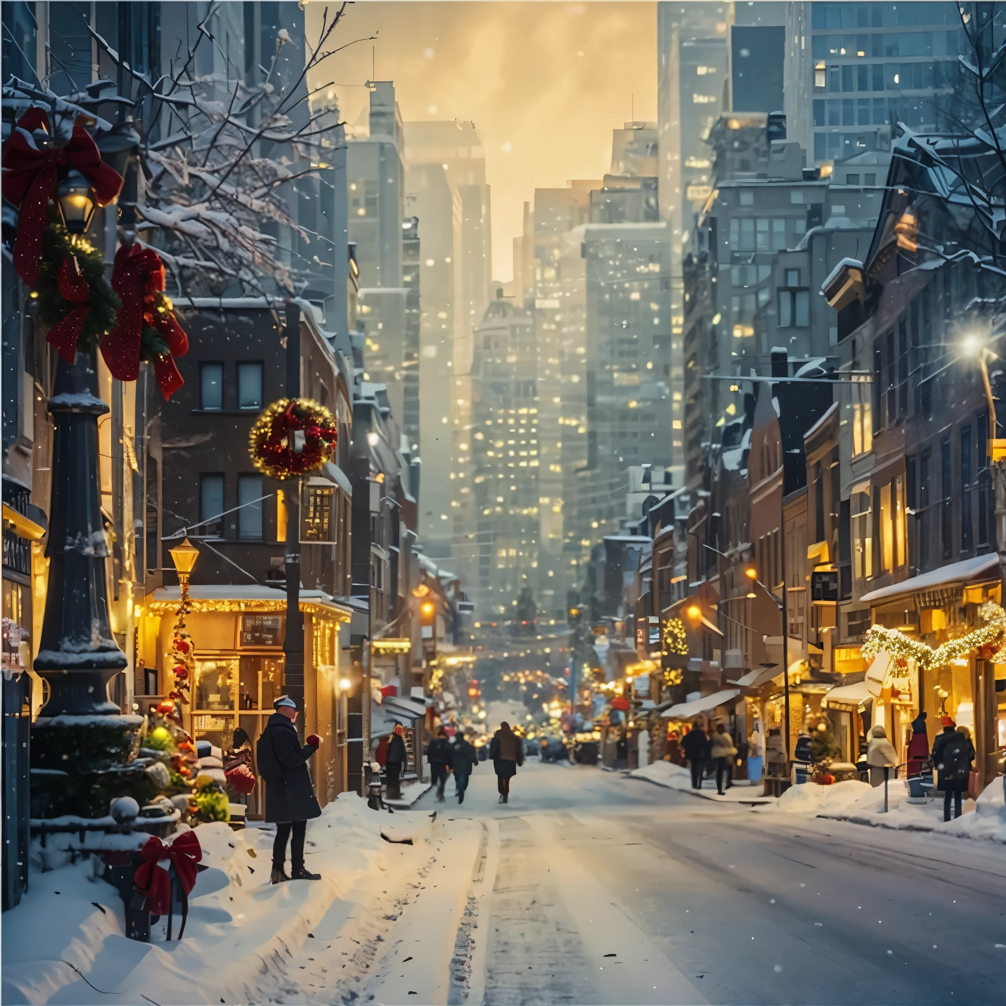 Snowy city street with people walking and walking on it - SeaArt AI