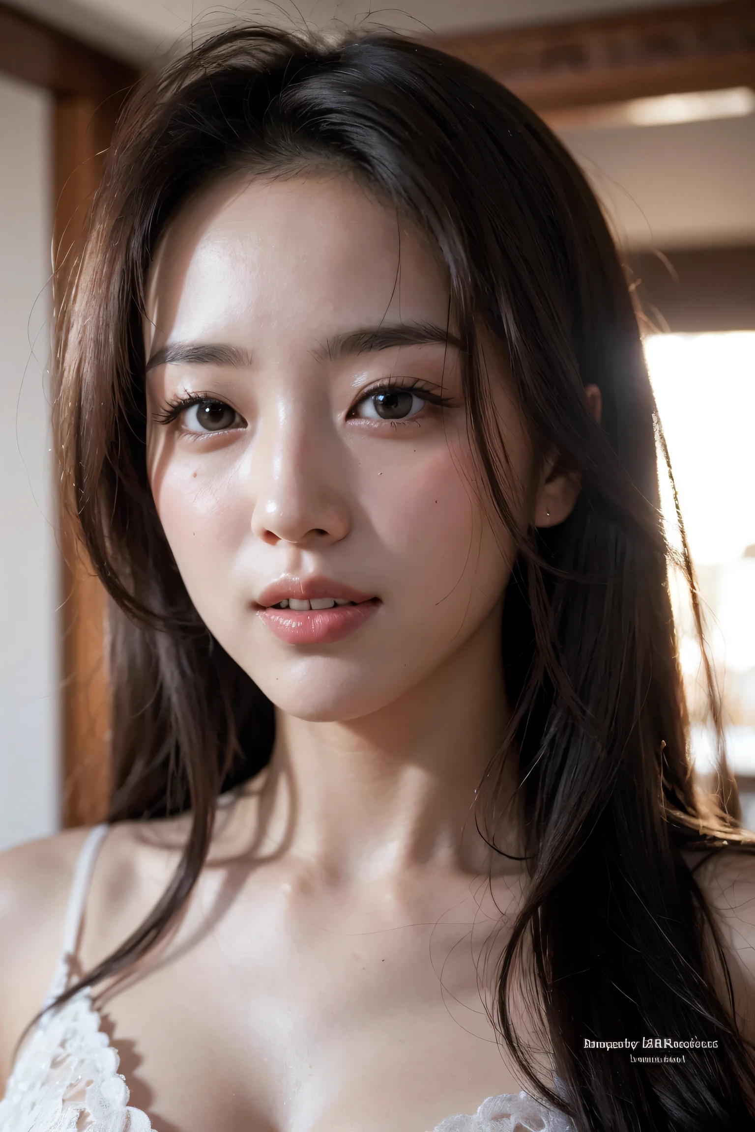 A close up of a woman with long hair wearing a white dress - SeaArt AI