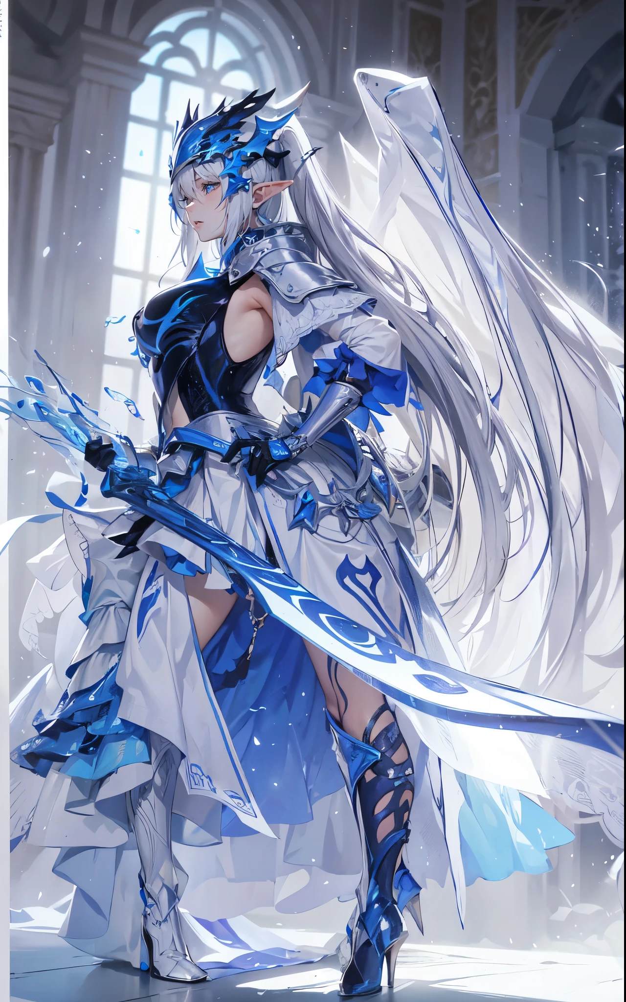A woman in a blue and white dress holding a sword - SeaArt AI
