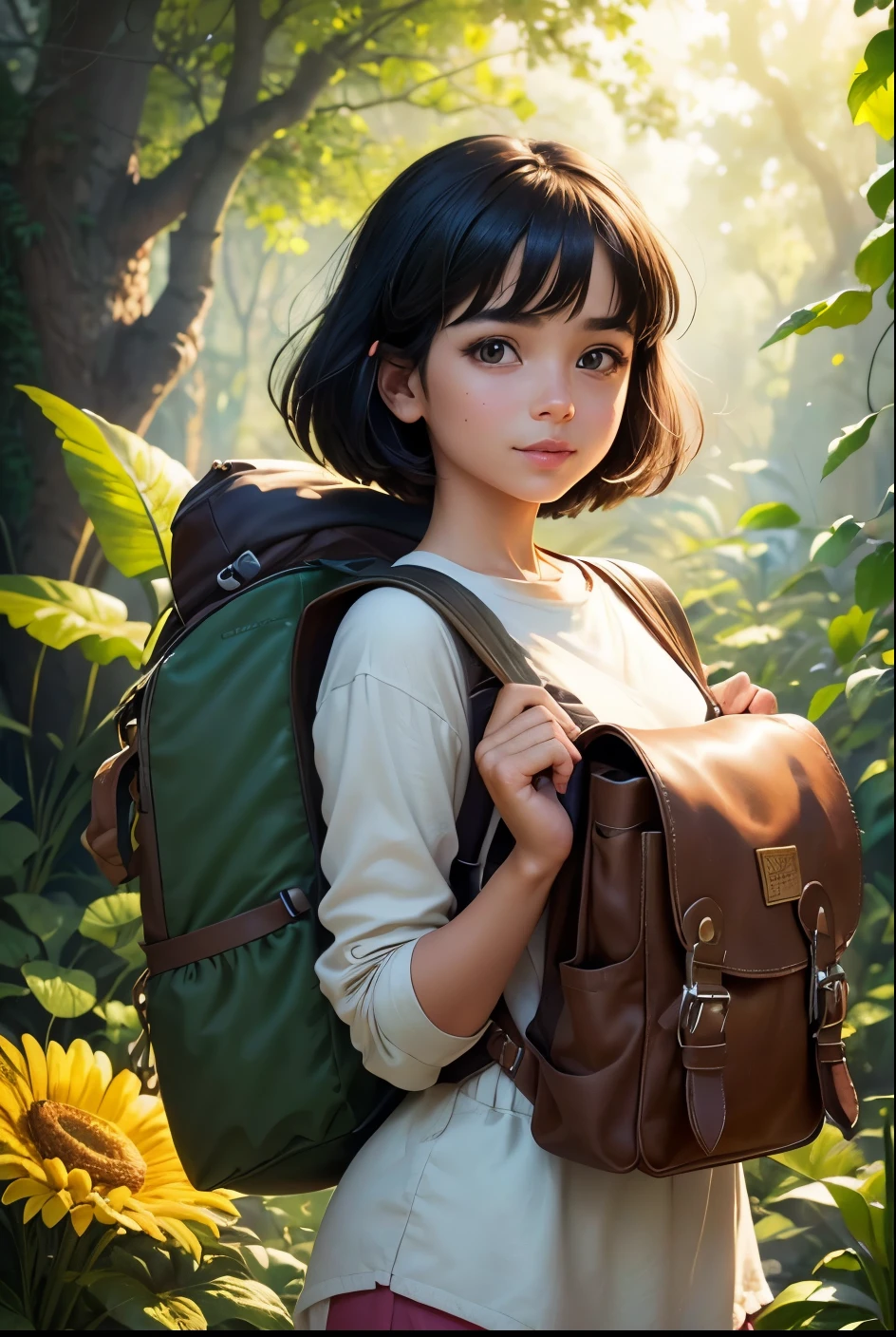 Arafed woman with a backpack standing in a forest - SeaArt AI