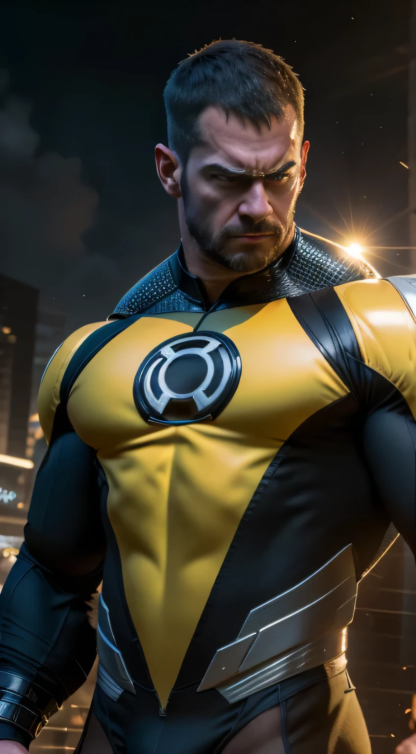 A close up of a man in a yellow and black suit - SeaArt AI