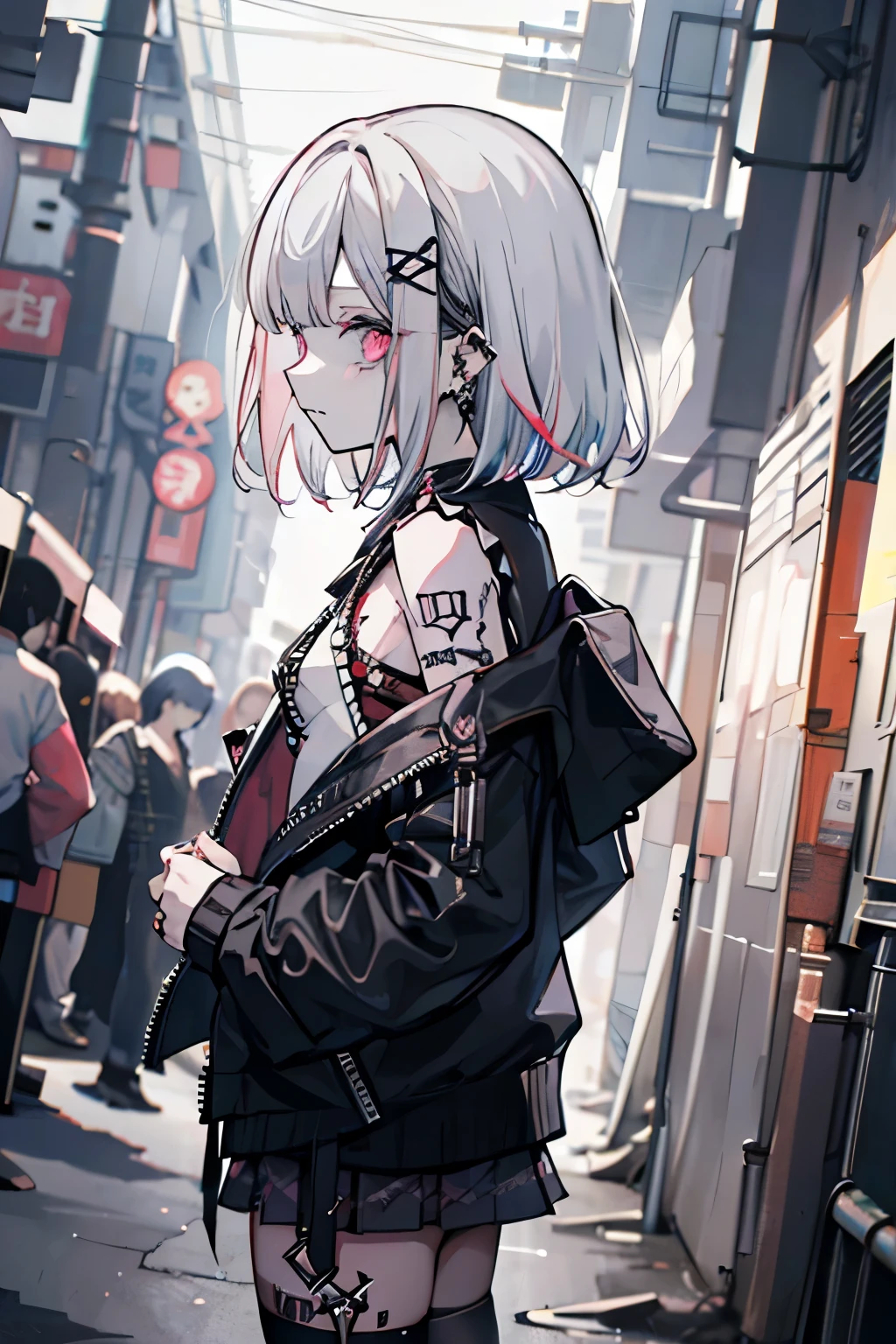 Anime girl with white hair and black clothes standing on a street ...