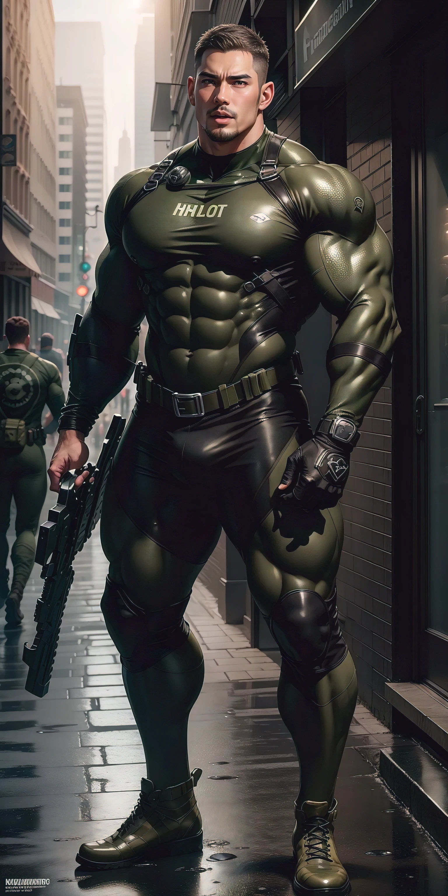 A man in a green bodysuit standing in a city street - SeaArt AI