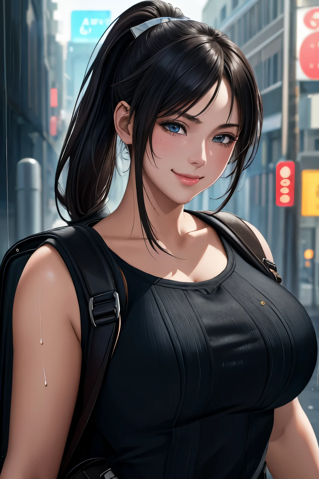 A woman in a black dress is standing in the street - SeaArt AI