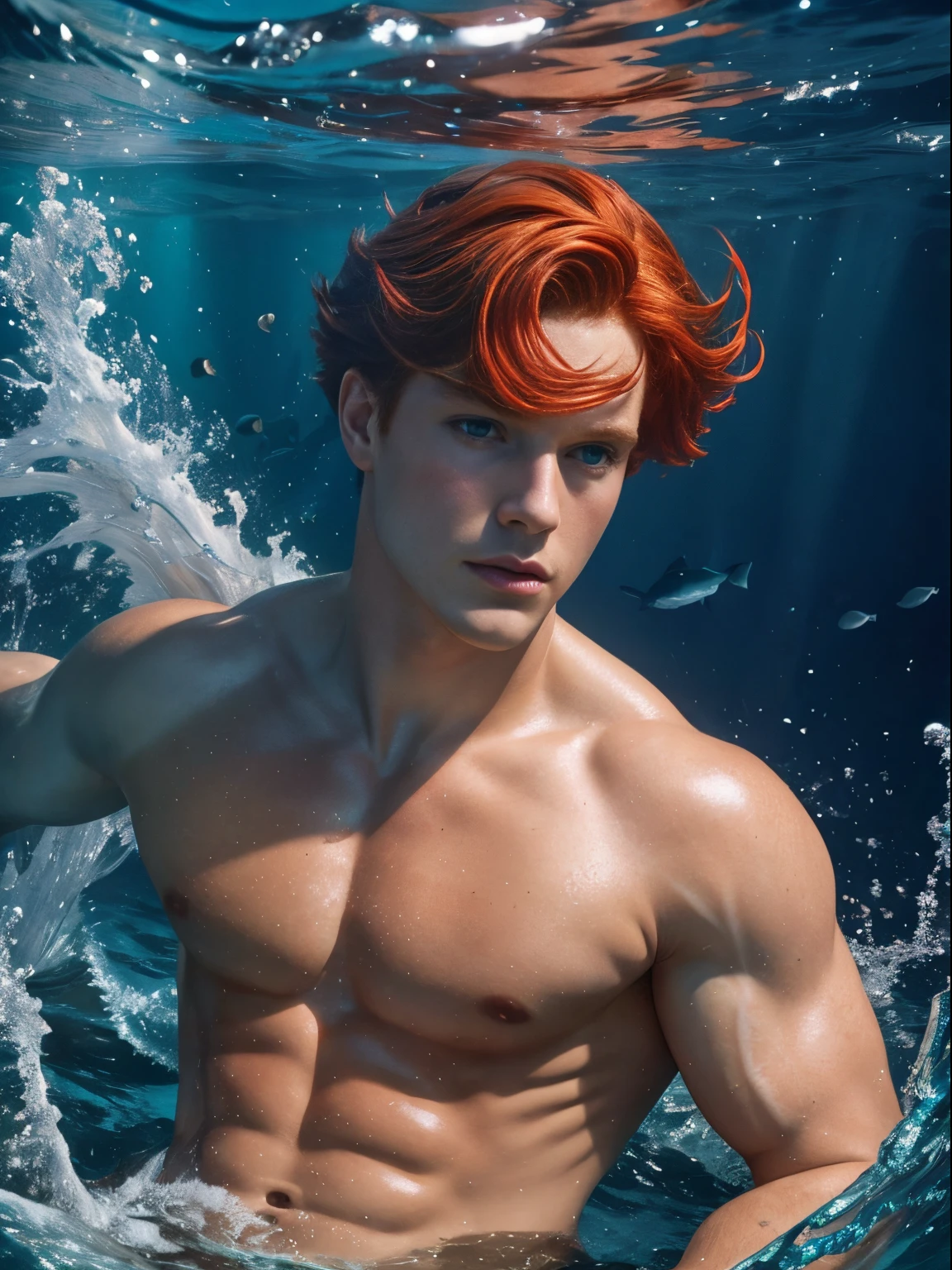 A close up of a man with a red hair in the water - SeaArt AI