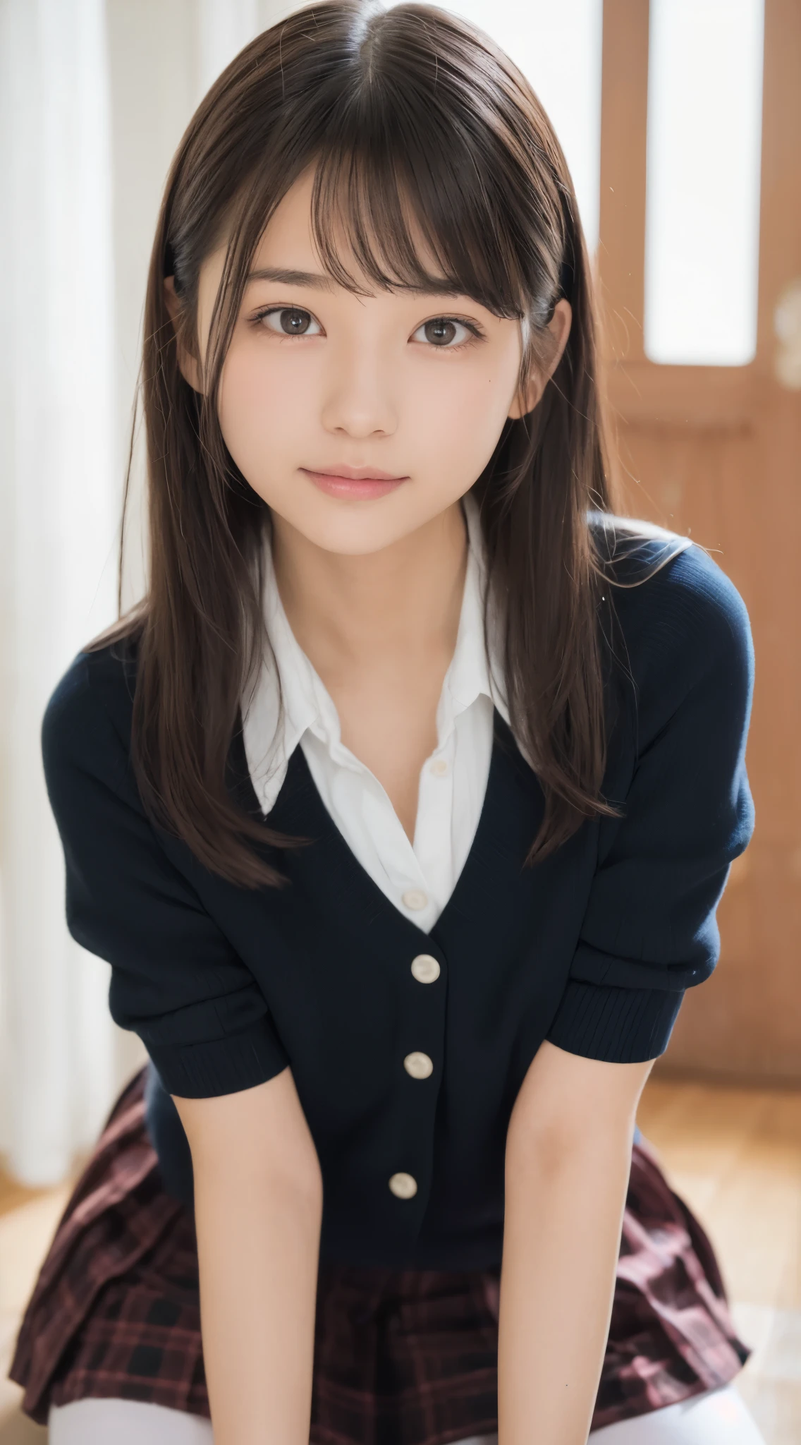 A woman in a school uniform posing for a picture - SeaArt AI