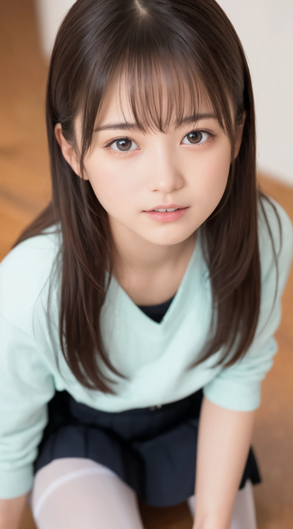 A close up of a young woman sitting on the floor with her legs crossed ...