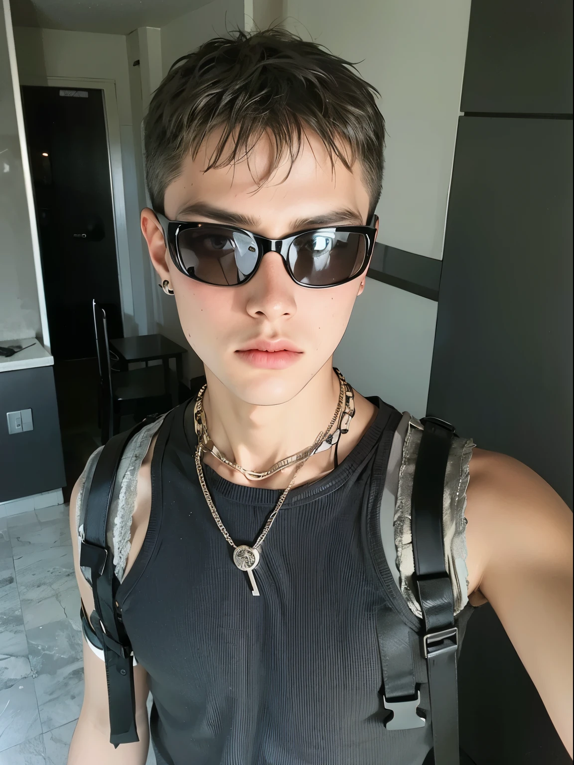 A close up of a person wearing sunglasses and a backpack - SeaArt AI