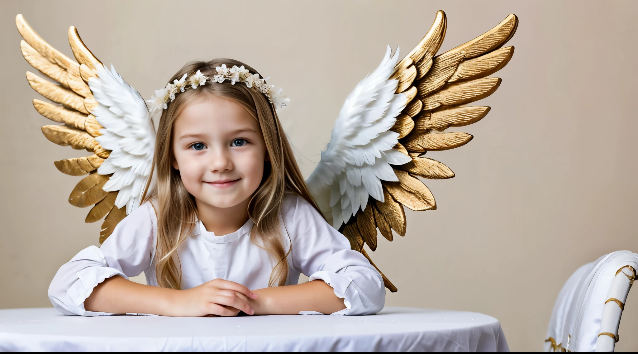Arafed little girl with angel wings sitting at a table - SeaArt AI