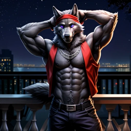 Male wolf, dark grey fur, sharp teeth, smiling, six pack, torn denin ...