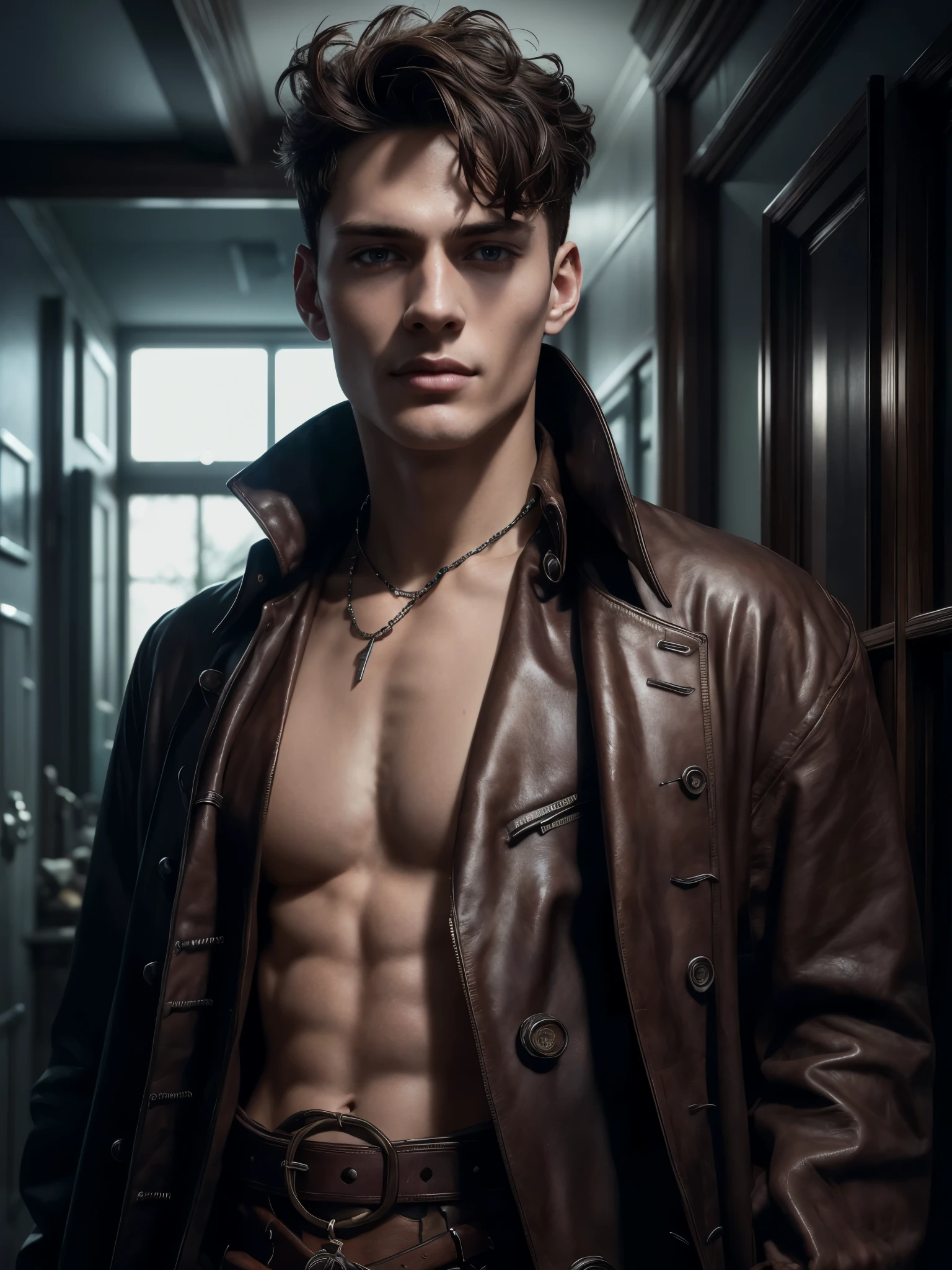 A shirtless man in a leather jacket standing in a hallway - SeaArt AI