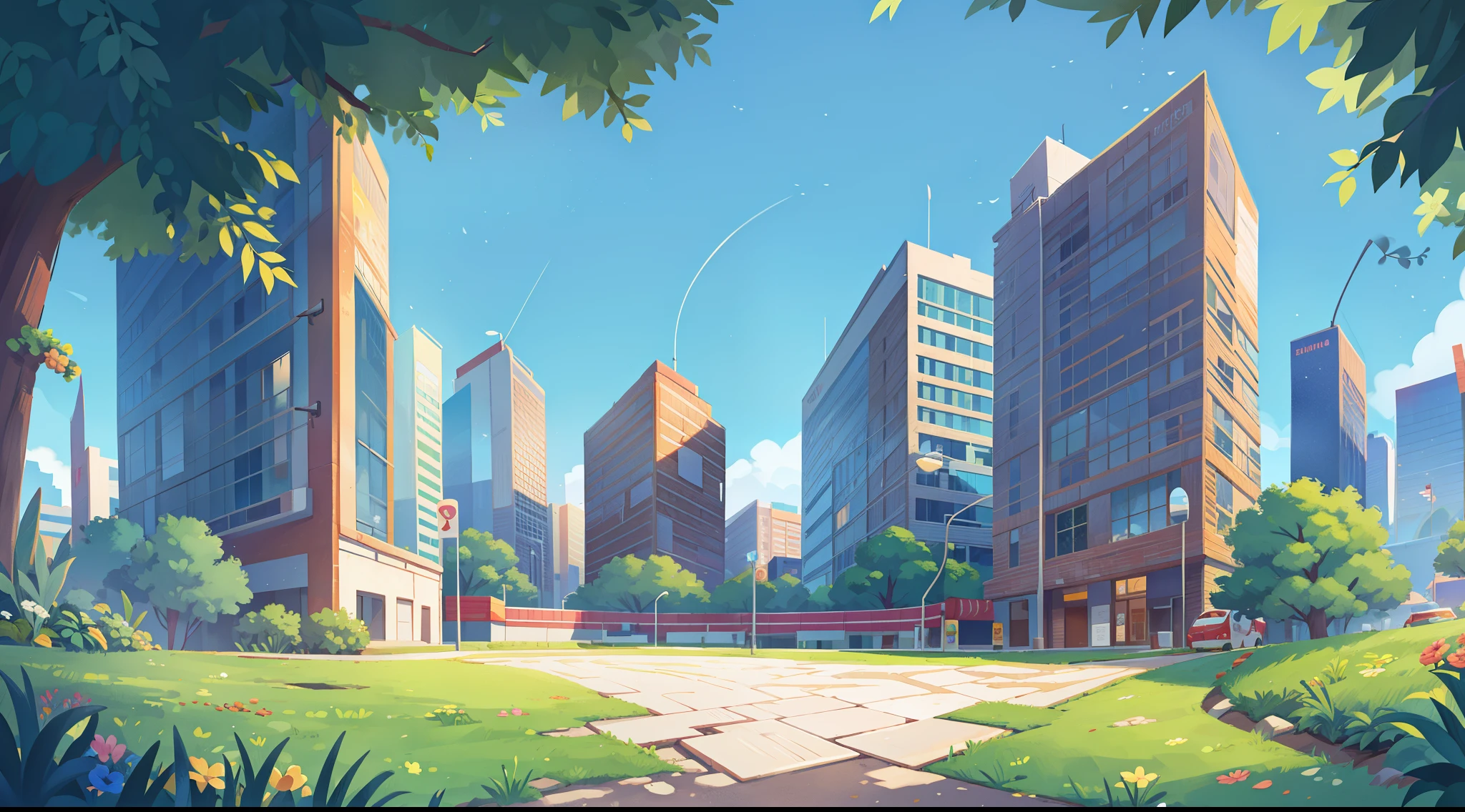 Anime city with a pathway and trees in the foreground - SeaArt AI