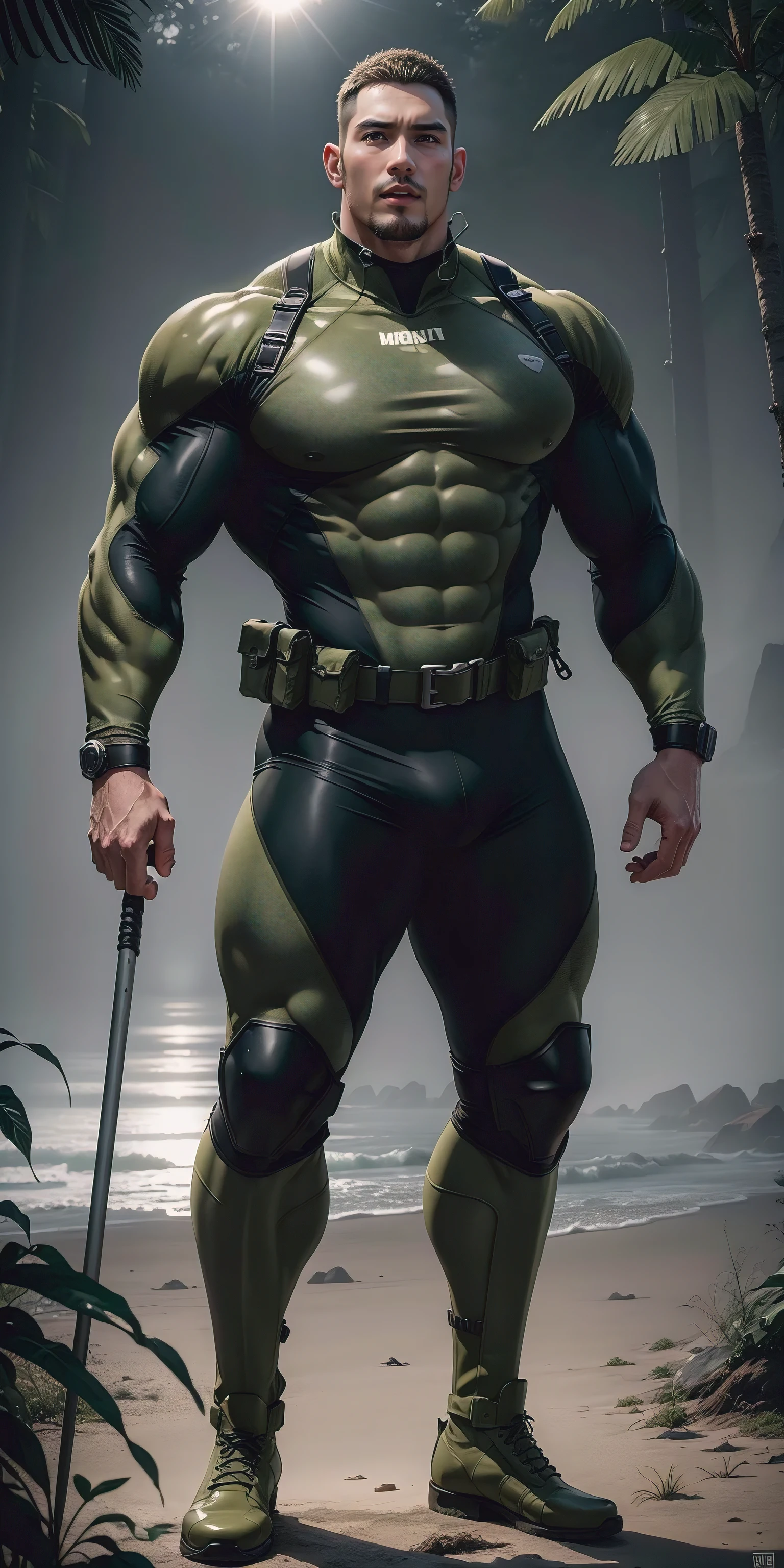A man in a green suit standing on a beach with a sword - SeaArt AI