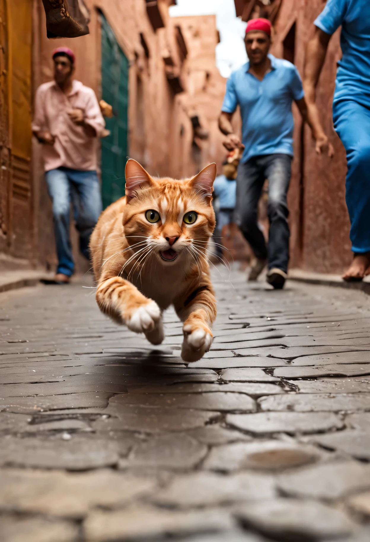 There is a cat running down a narrow street with people walking by ...