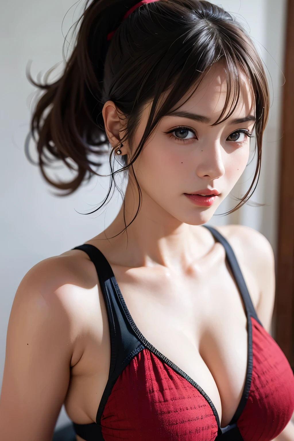 A close up of a woman in a red bra top - SeaArt AI
