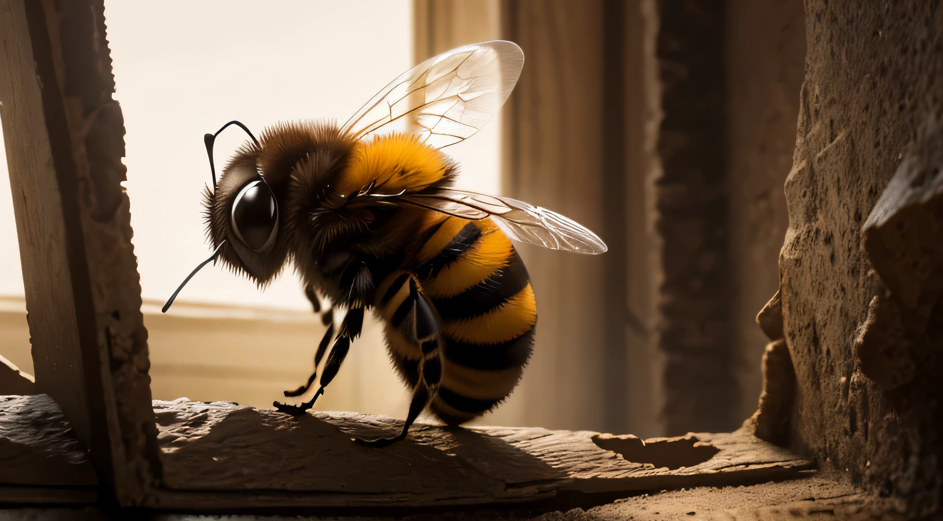 A close up of a bee on a ledge near a window - SeaArt AI