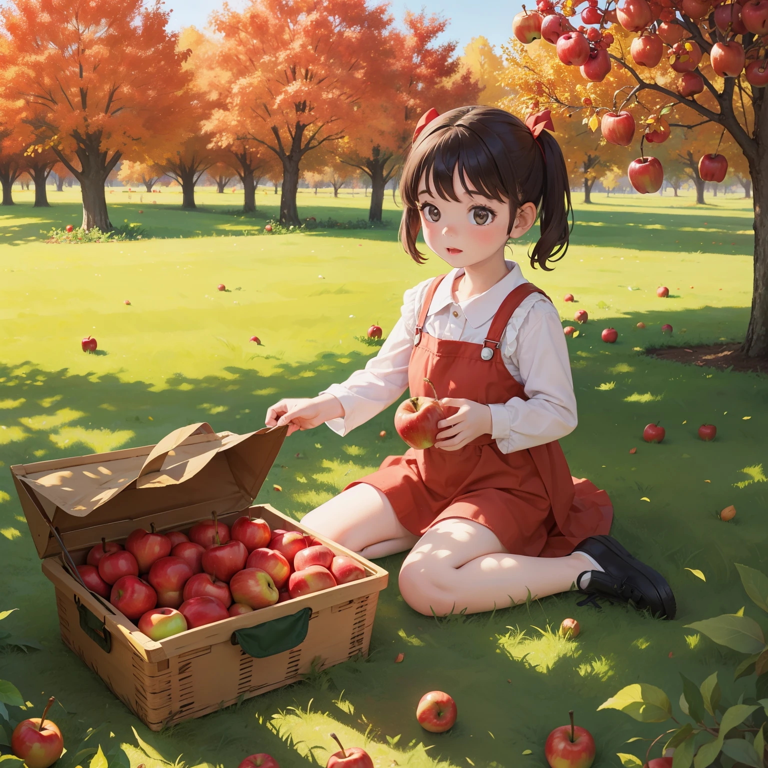 Anime girl sitting on the ground with a box of apples - SeaArt AI