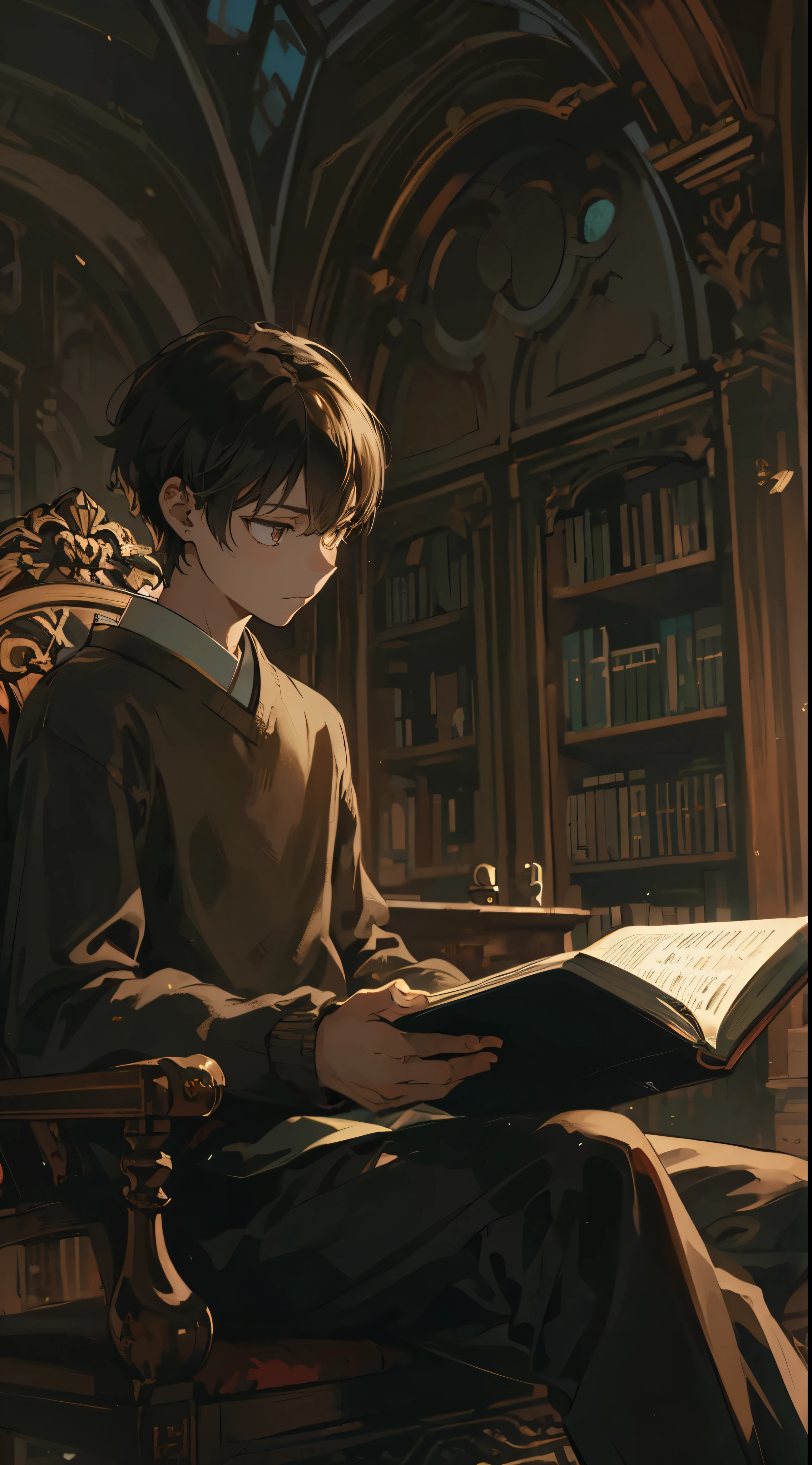 Anime boy sitting in chair reading a book in a library - SeaArt AI