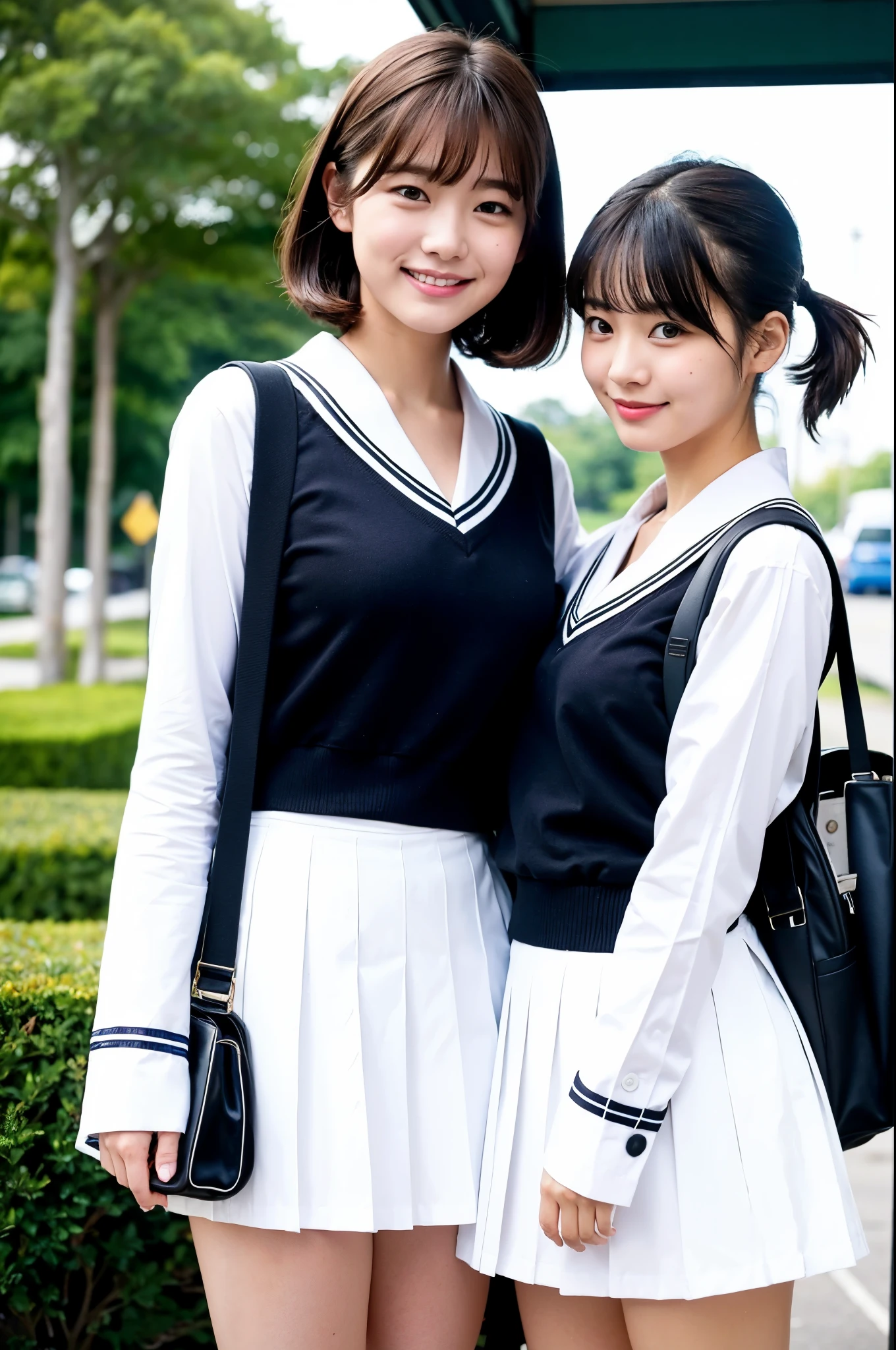 Two asian women in school uniforms posing for a picture - SeaArt AI