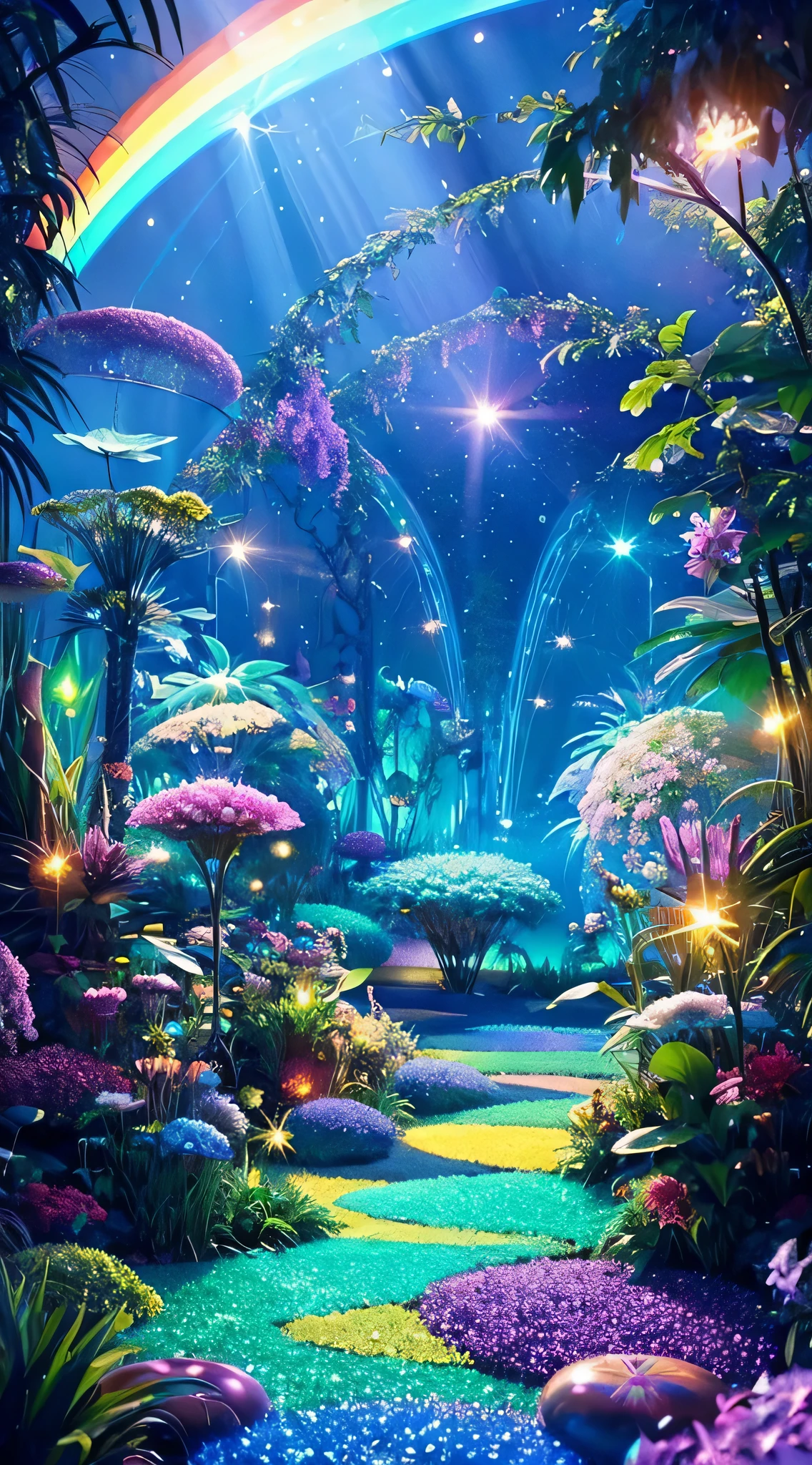 A rainbow shines brightly in the sky over a colorful garden - SeaArt AI
