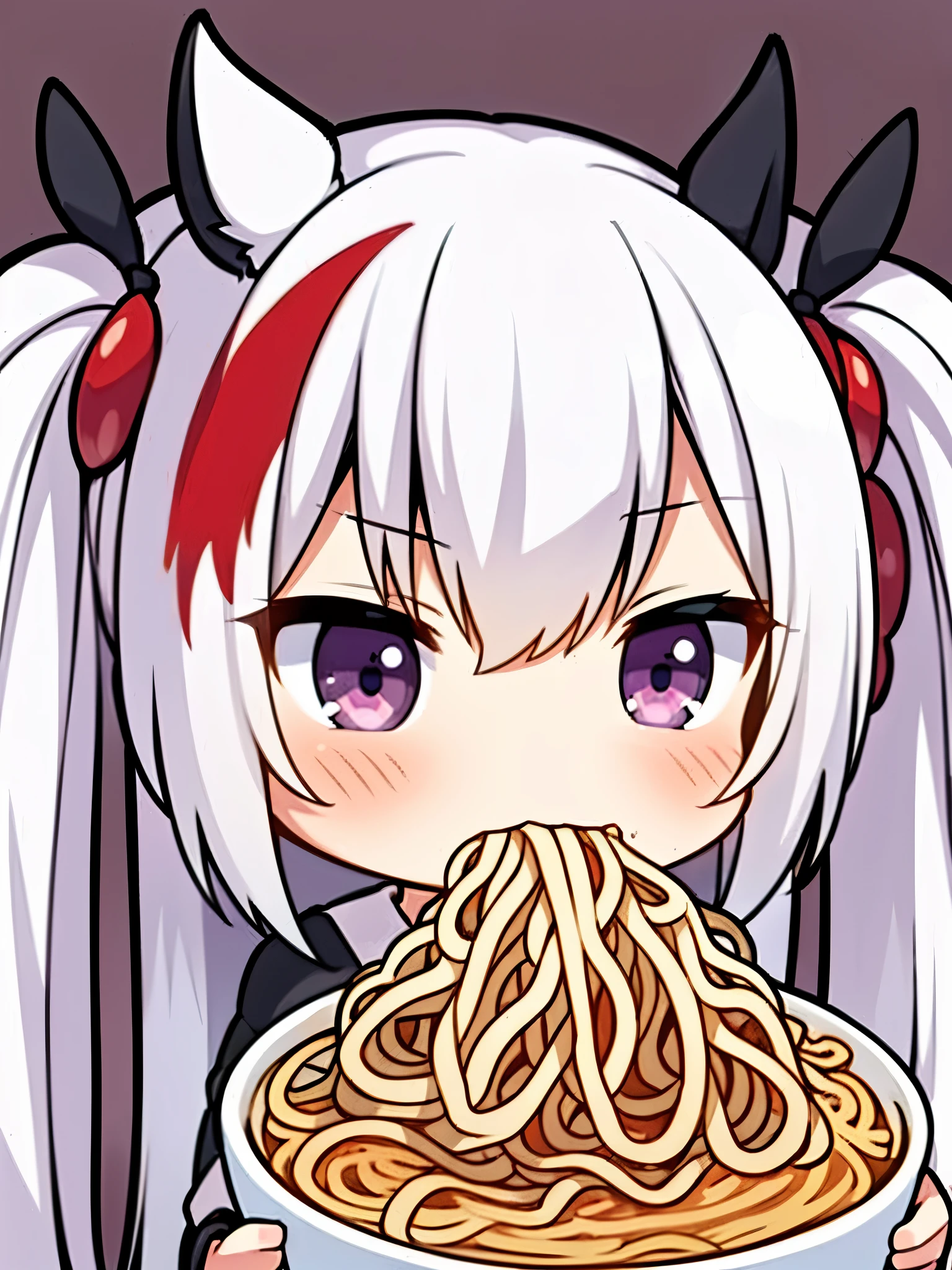 Anime girl with horns eating spaghetti from bowl - SeaArt AI