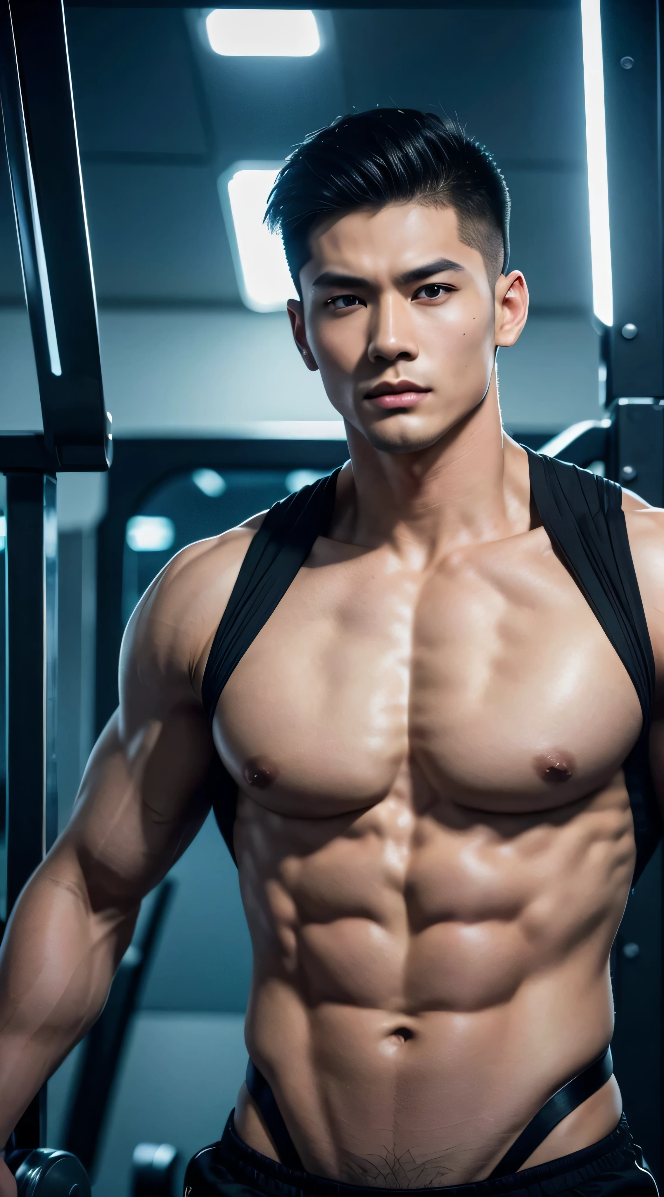 A man with a muscular body is posing in a gym - SeaArt AI