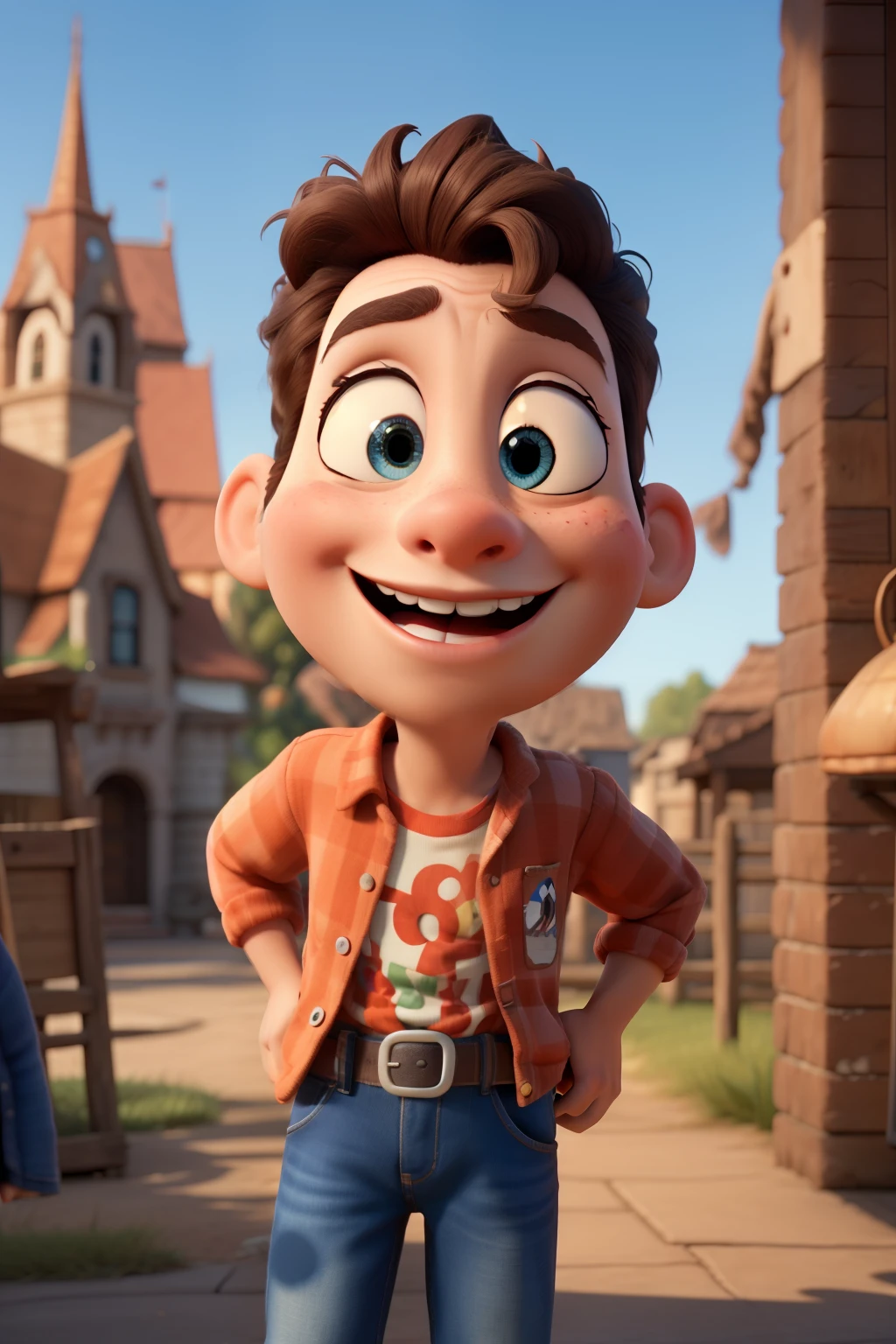 A cartoon boy in a brown jacket and jeans stands in front of a building ...