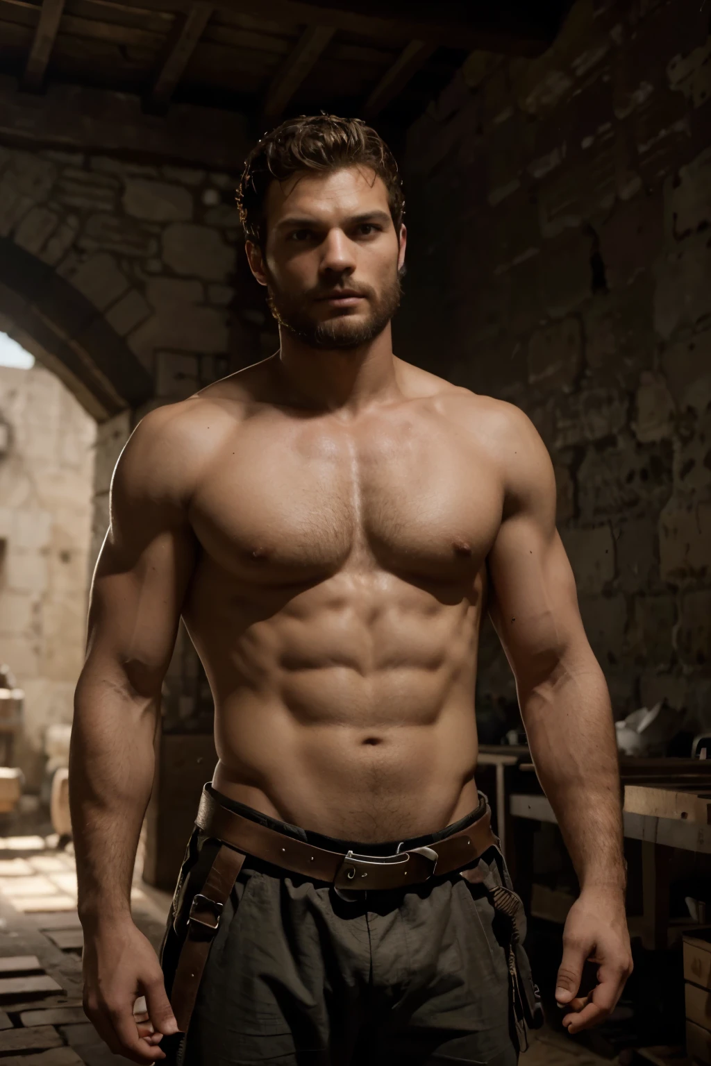 A shirtless man standing in a room with a brick wall - SeaArt AI
