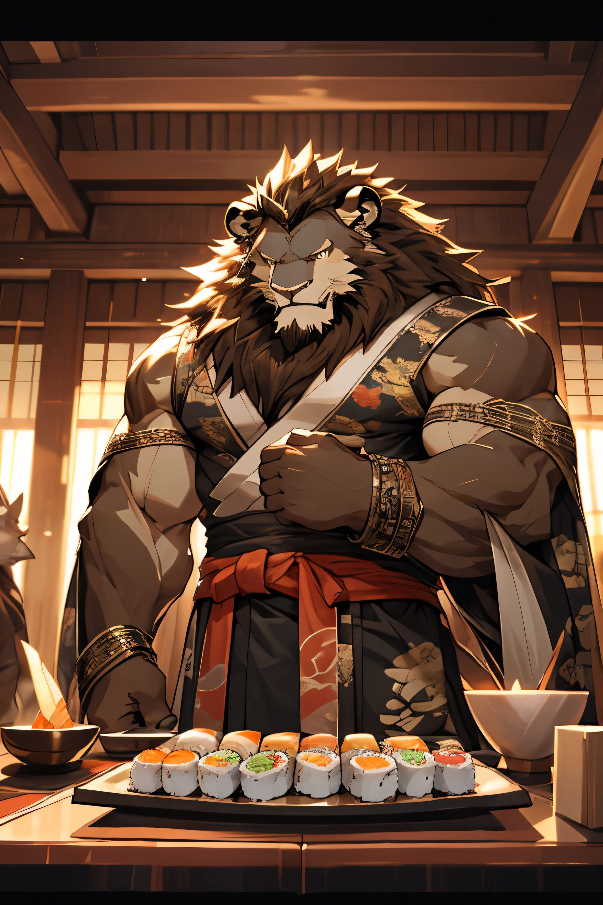 A close up of a person standing in front of a table with sushi - SeaArt AI