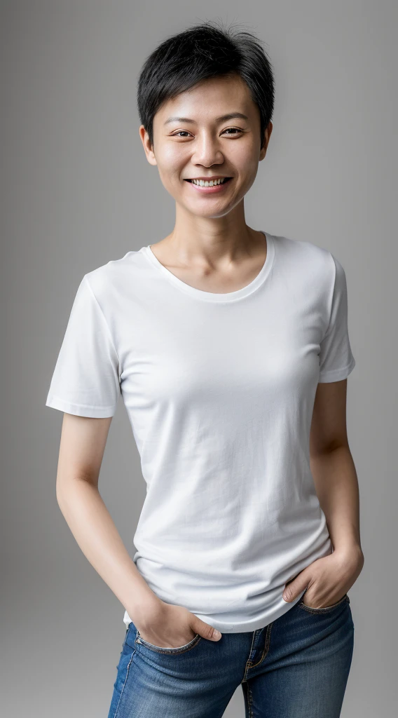 A woman smiling for the camera while posing for a picture, without makeup - SeaArt AI