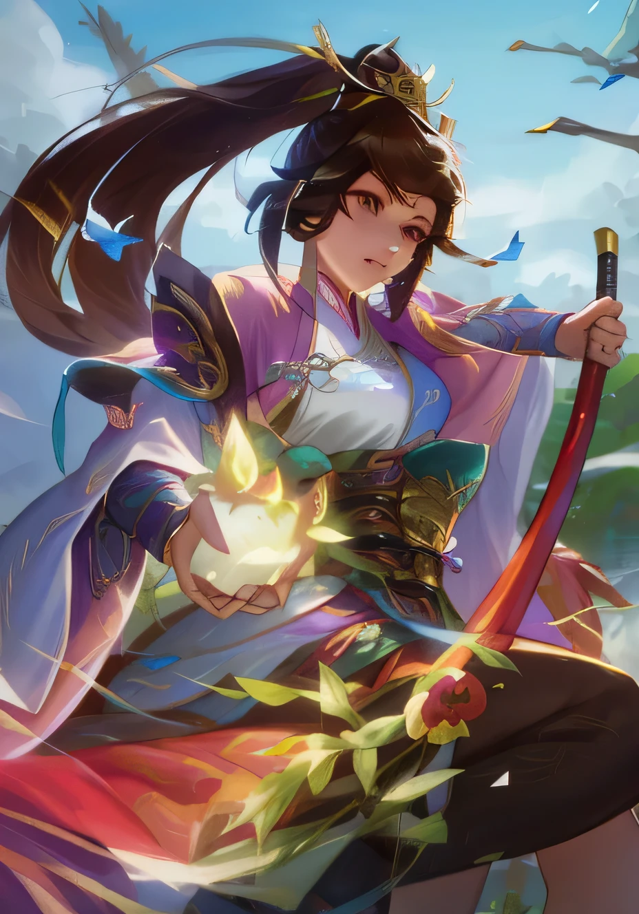 A woman in a purple dress holding a sword and a bird - SeaArt AI