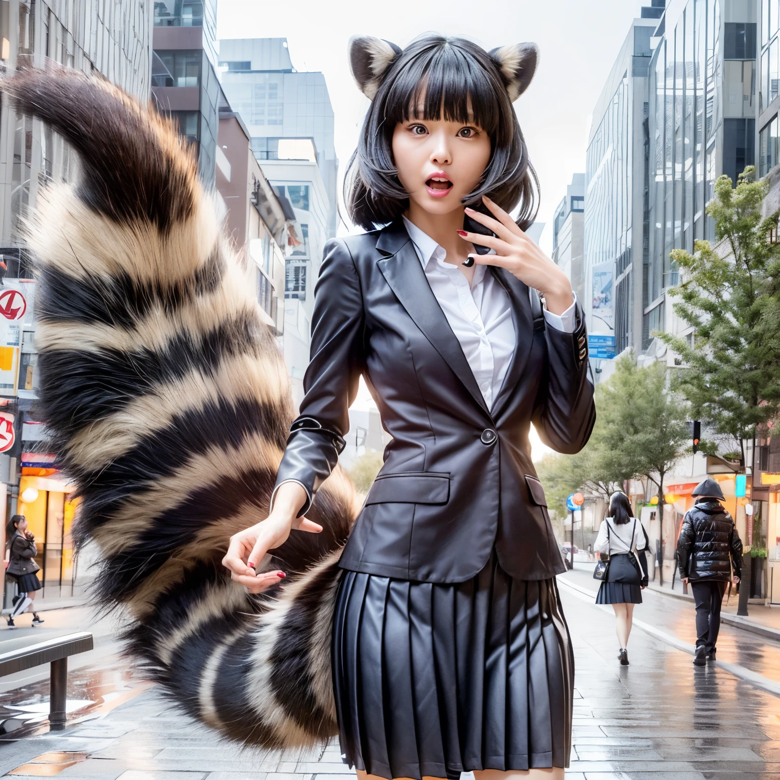 There is a woman in a skirt and jacket with a cat tail - SeaArt AI