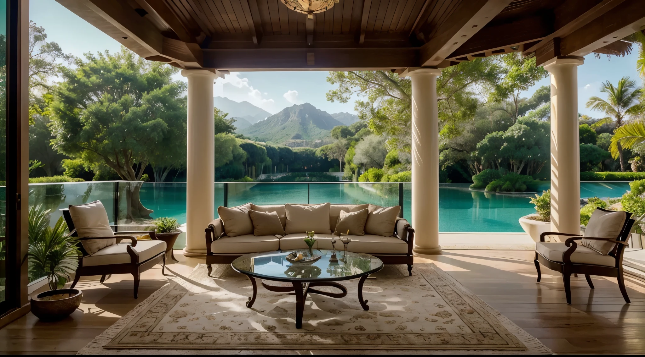 A close up of a patio with furniture and a pool - SeaArt AI