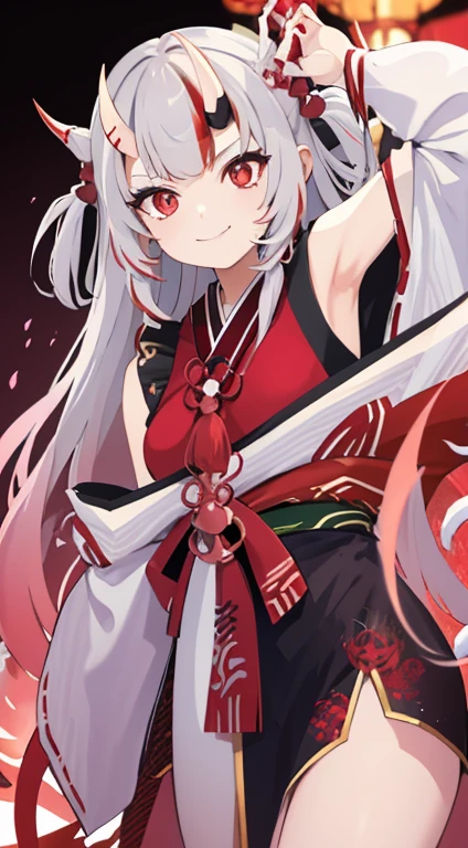Demon Woman、oni horns、gray long hair、Red Eyes、A slight smil、Japanese ...