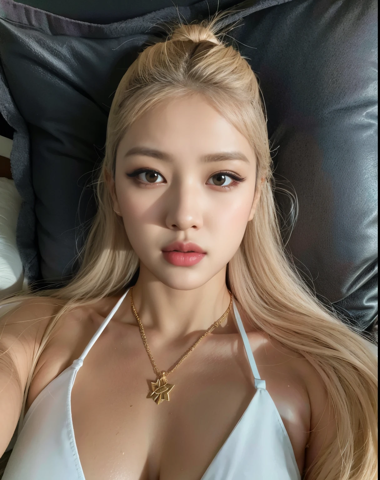 Una mujer en un top de bikini blanco acostada en una cama - SeaArt AI