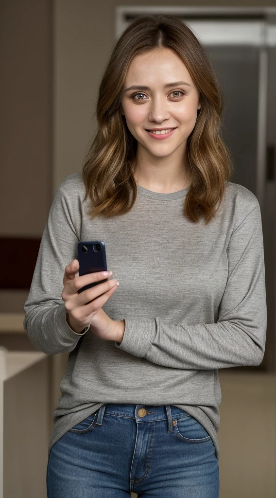 A woman that is smiling and holding a cell phone, this person does not ...